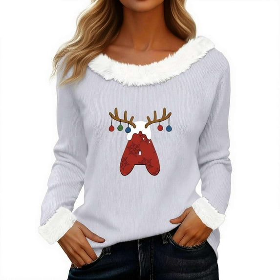 Christmas Shirts for Women Comfort Plush Collar Xmas Print Blouse White ...