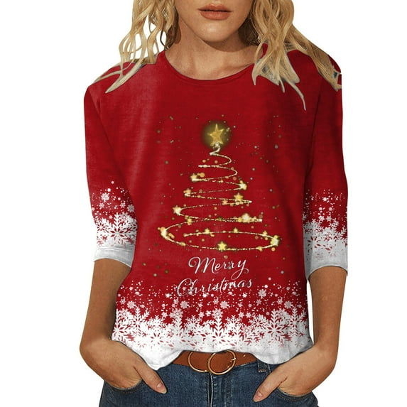Christmas Shirts for Women Funny 3D Xmas Tree Snowflake Graphic 3/4 ...