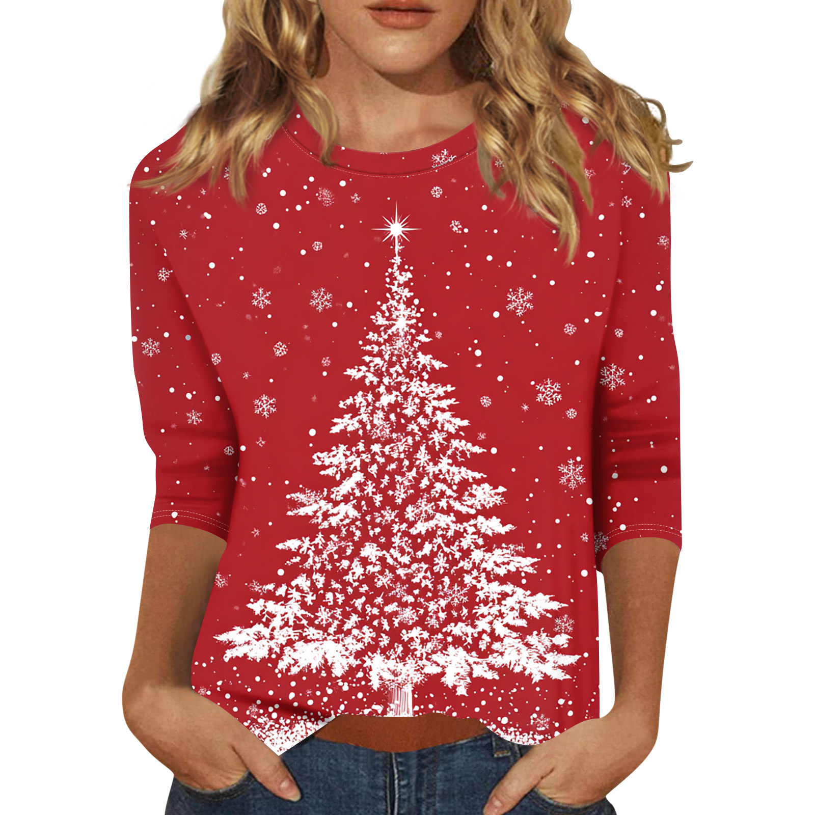 Christmas Shirts for Women Graphic Christmas Tree Printed 3/4 Sleeve ...
