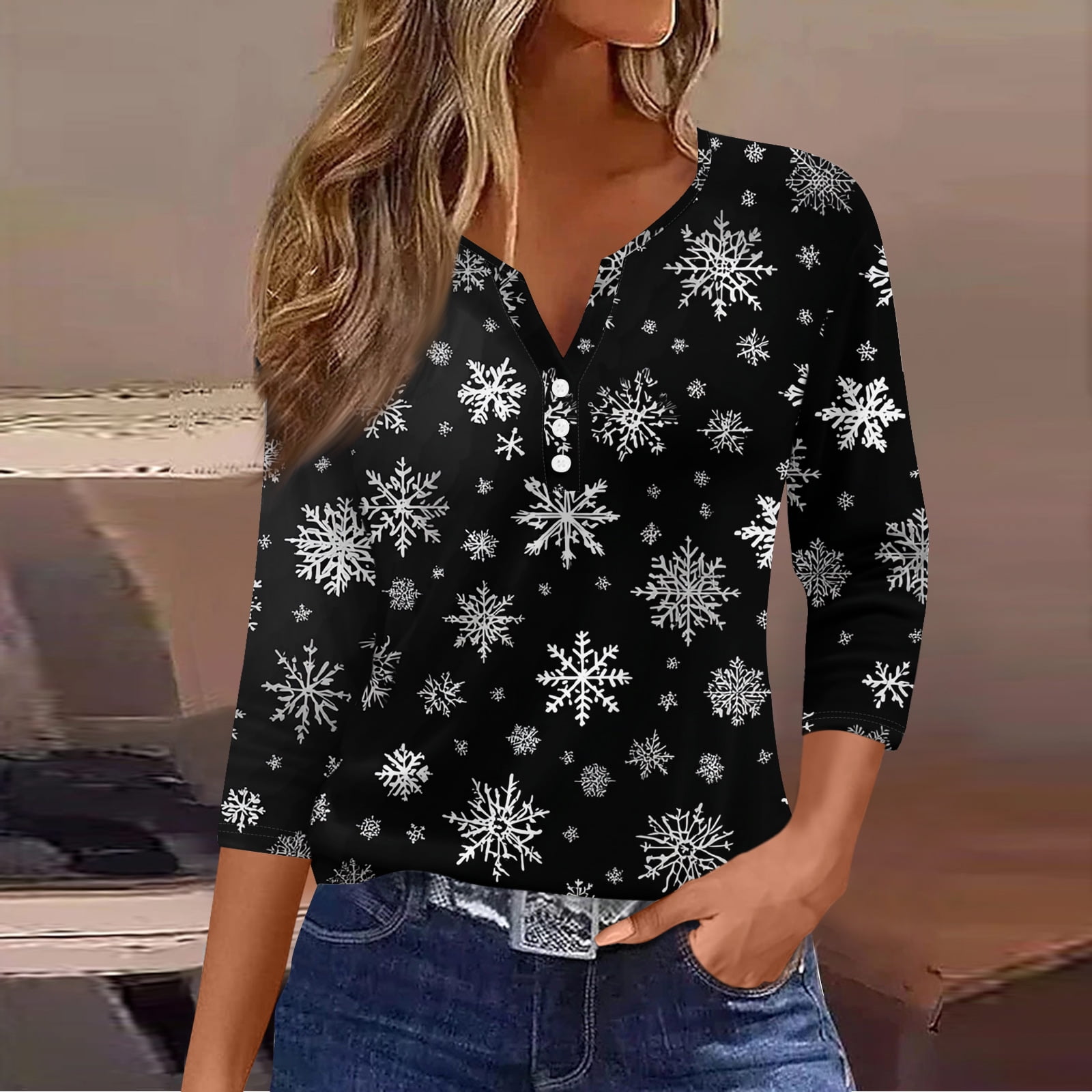 Christmas Shirts for Women Henley Button Neck 3/4 Sleeve Christmas T ...
