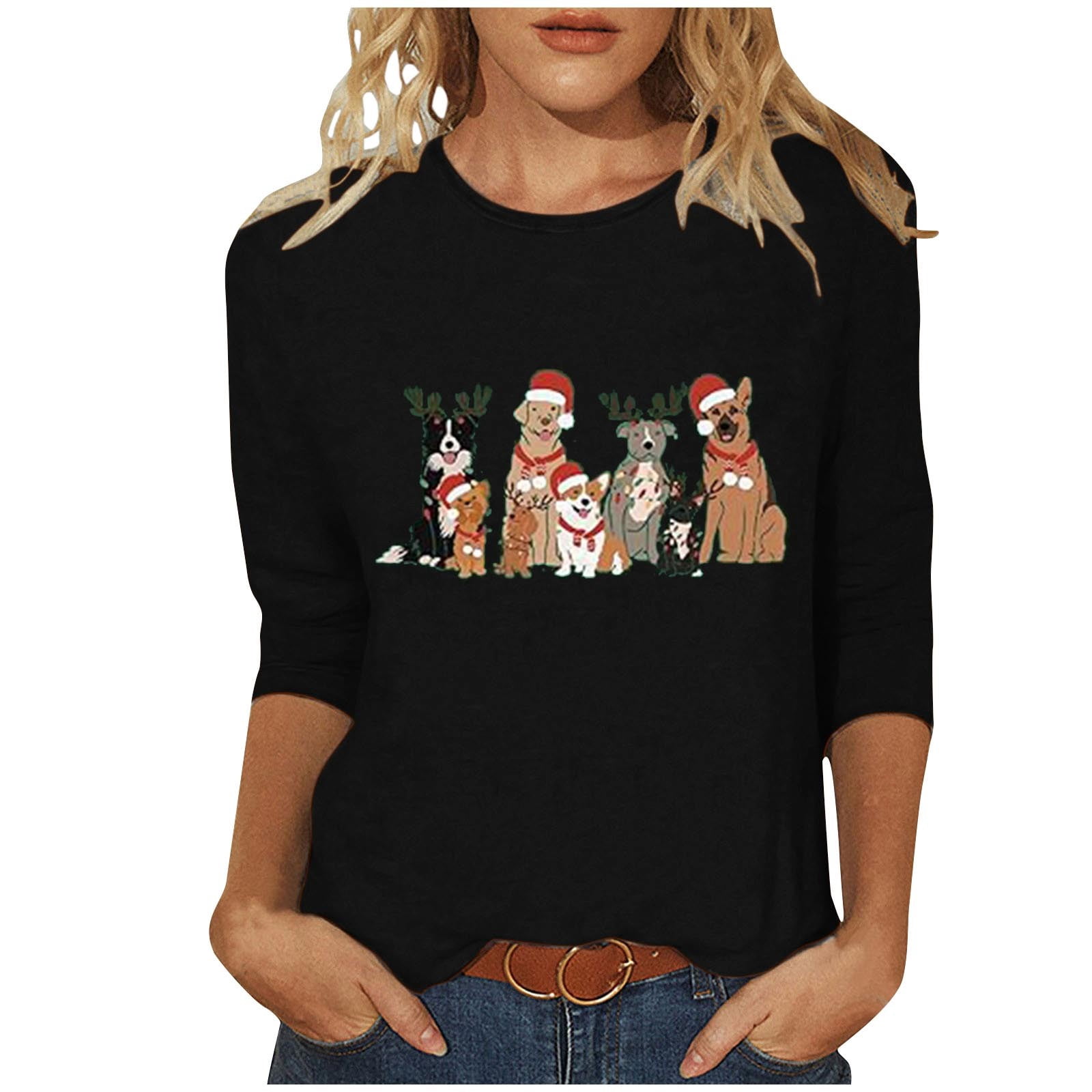 Christmas Shirts for Women Three Fourths Sleeve Round Neck Casual Loose ...