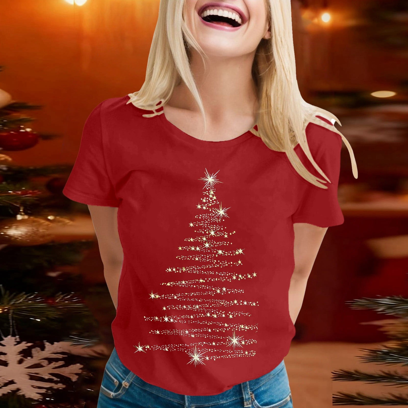 Christmas Shirts for Women Xmas Shirt Christmas Tree Graphics Tees (Red ...
