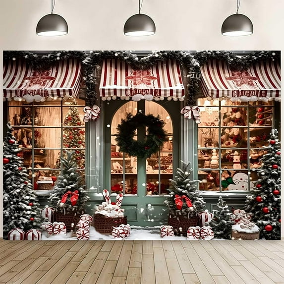 Christmas Shop Backdrop Winter Snow Xmas Tree Photography Background ...