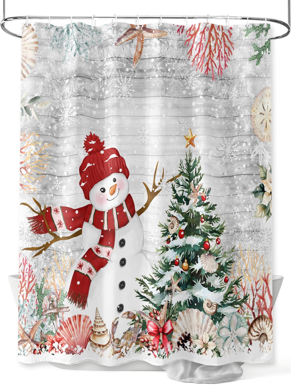 Christmas Shower Curtain 60"W x 72"L Snowman Xmas Tree Corals Shells ...