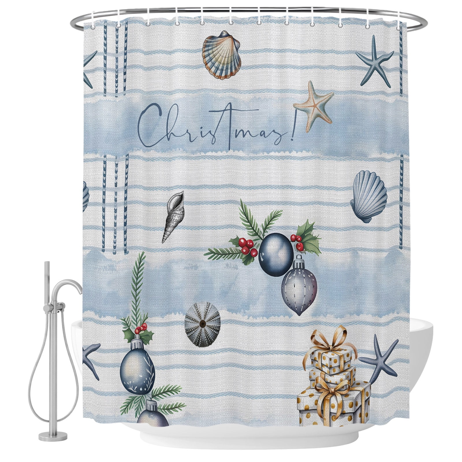 Christmas Shower Curtain for Bathroom, Light Blue Xmas Ball Holly Shell ...