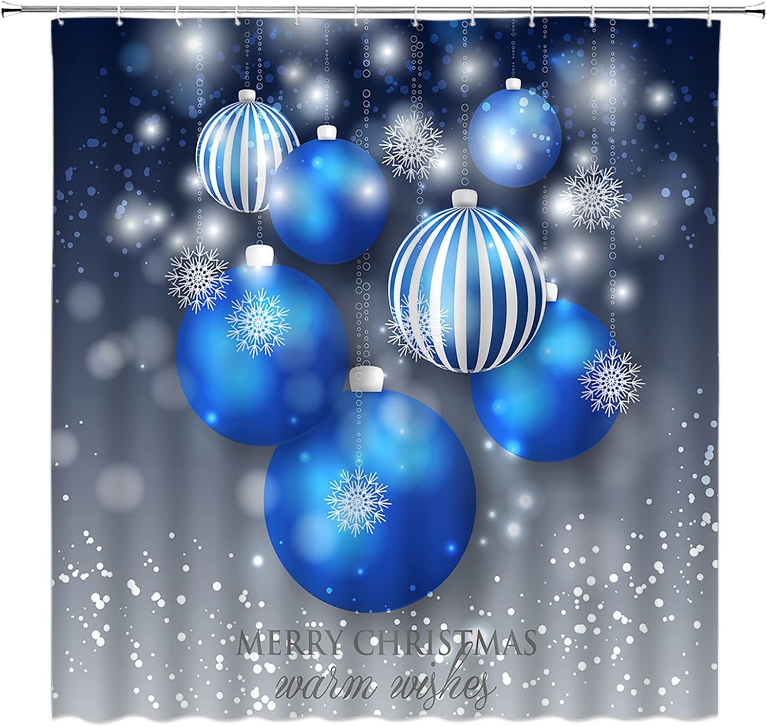 Christmas Shower Curtain Blue Xmas Balls Stars Snowflake Glitter Winter ...