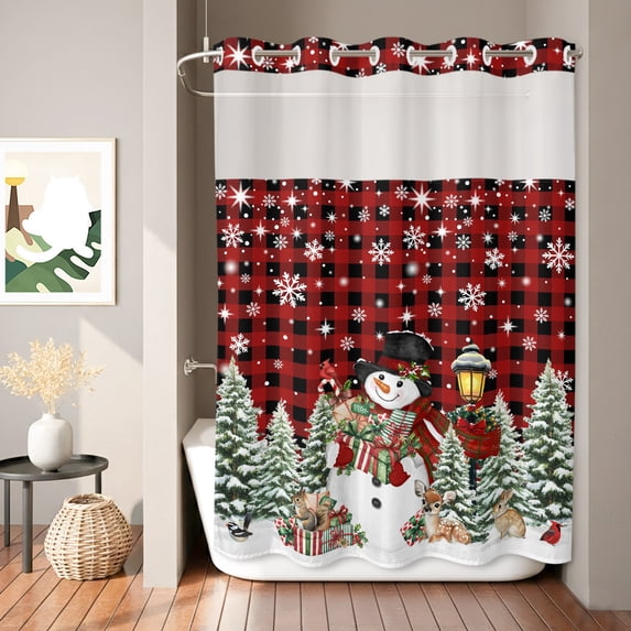 Christmas Shower Curtain, Cute Hat Snowman Xmas Box Pine Trees Snow Red ...