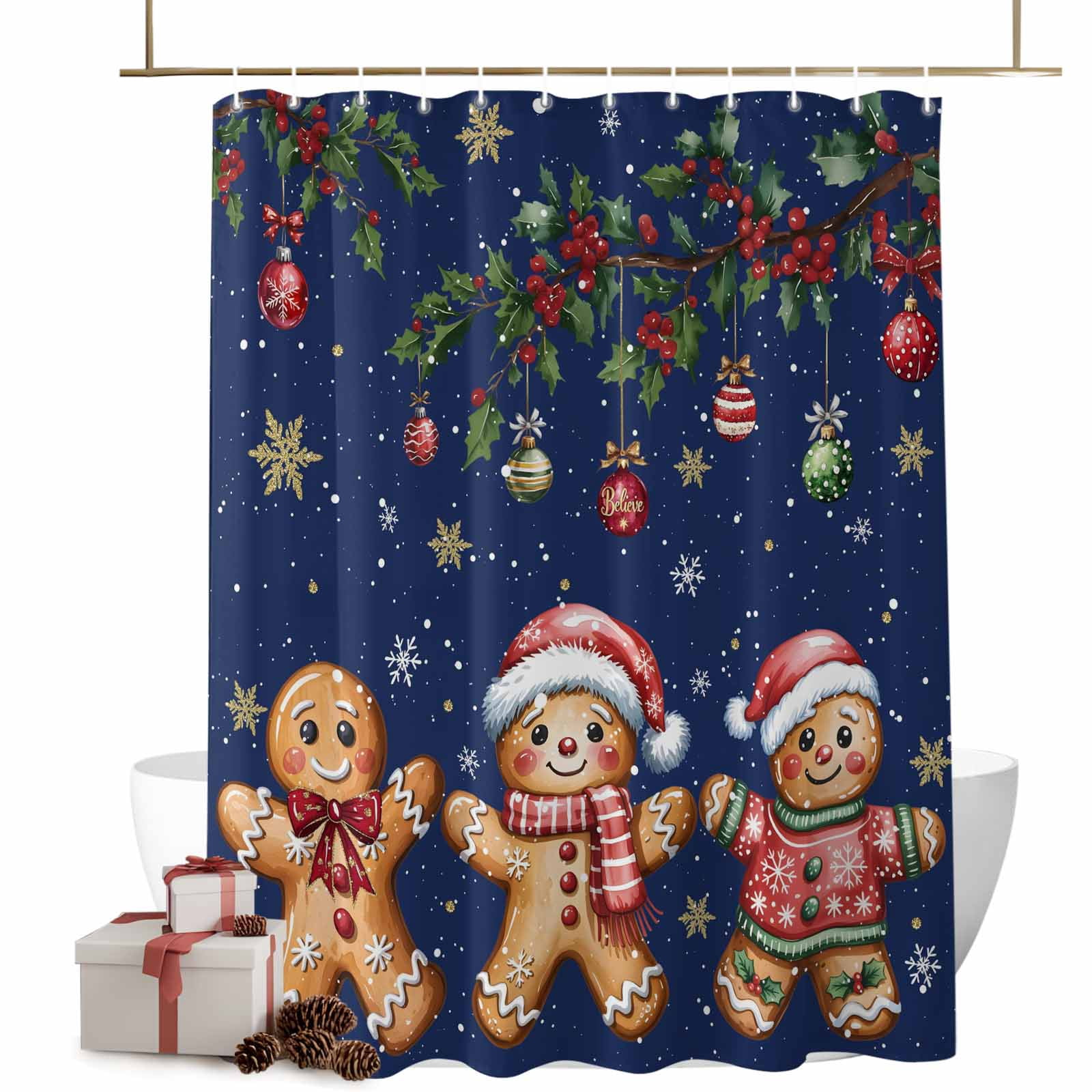 Christmas Shower Curtain Gingerbread Man Bathroom Curtains with Hooks ...