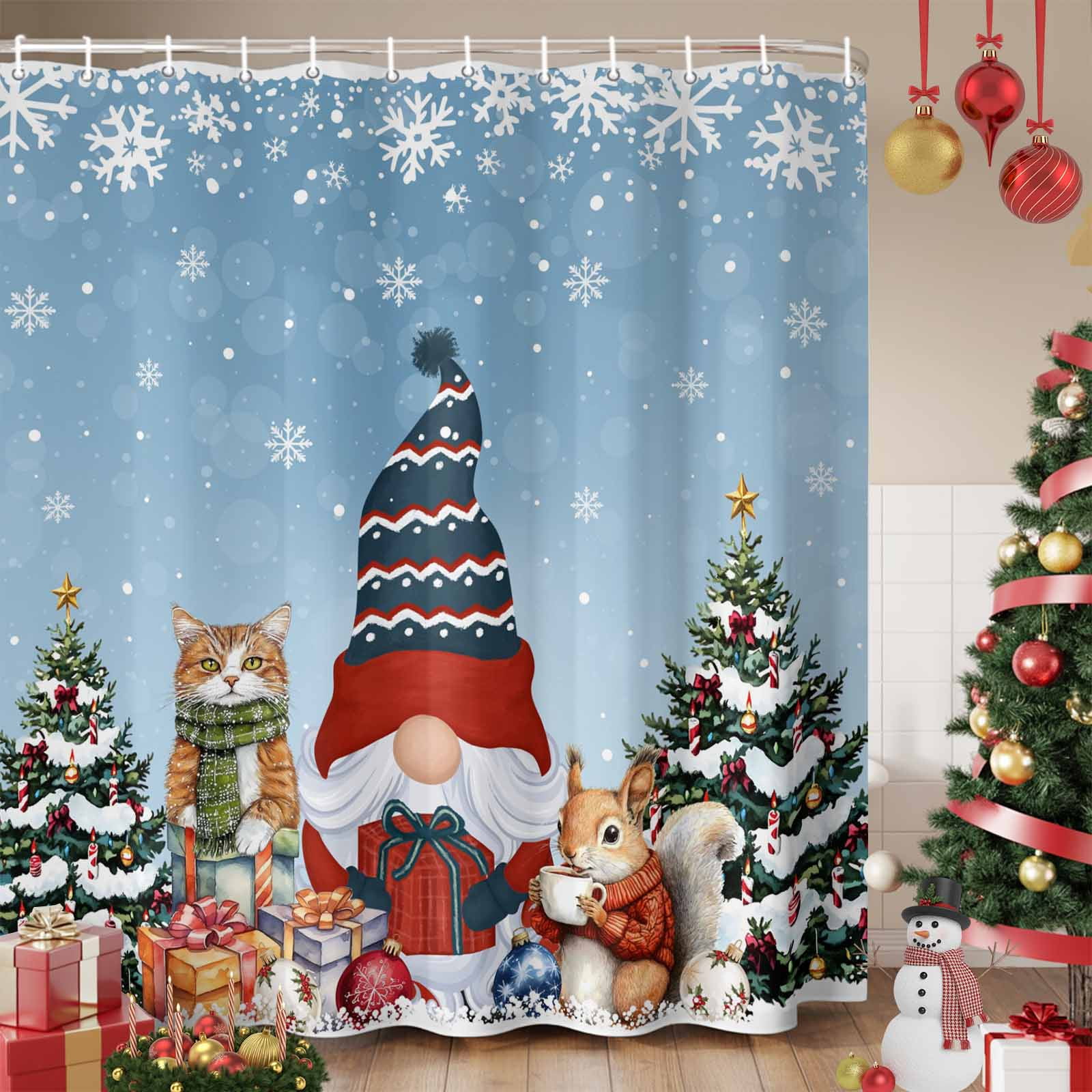 Christmas Shower Curtain, Gnomes Cat Squirrel Xmas Pine Tree Winter ...