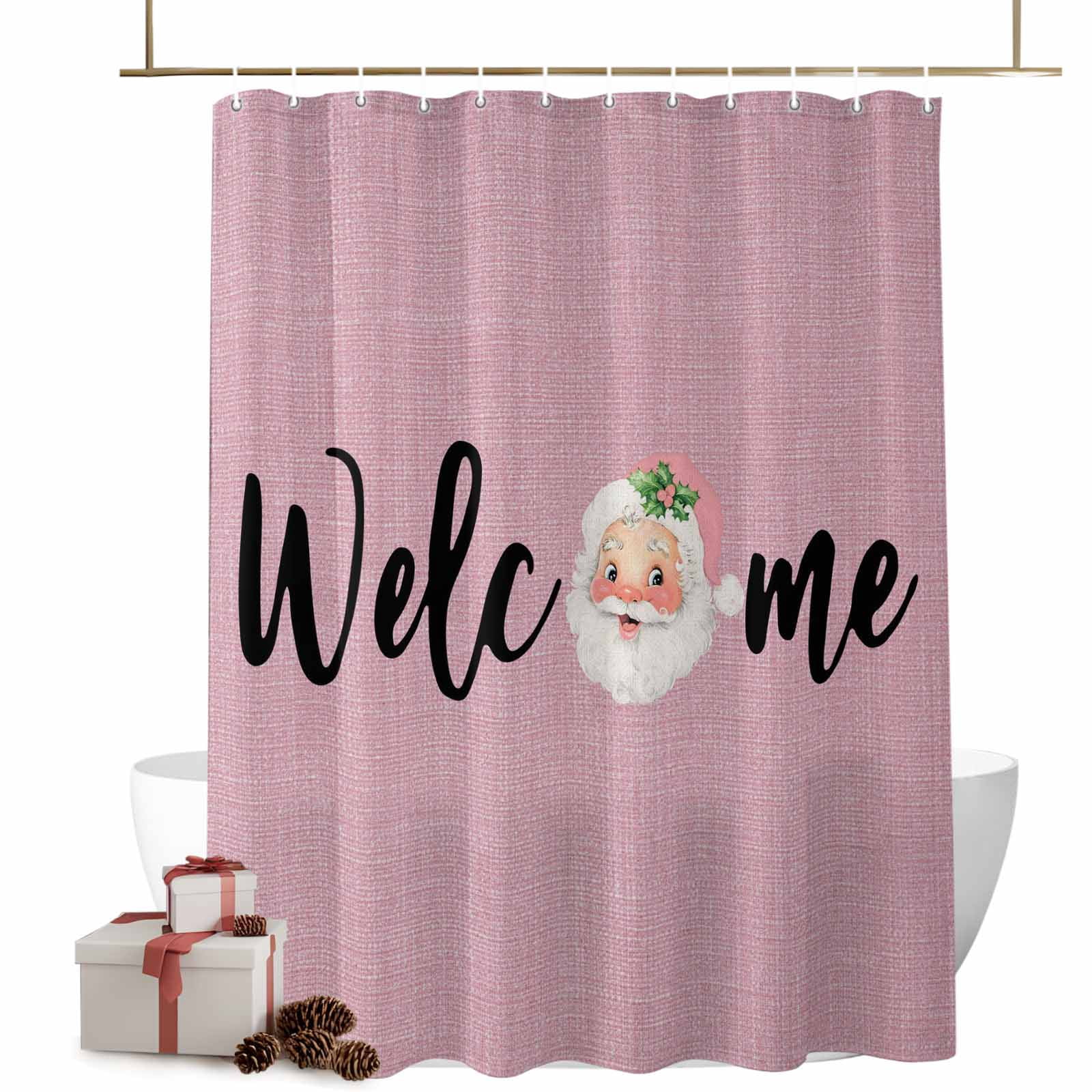 Christmas Shower Curtain Pink Santa Claus Bathroom Curtains with Hooks ...