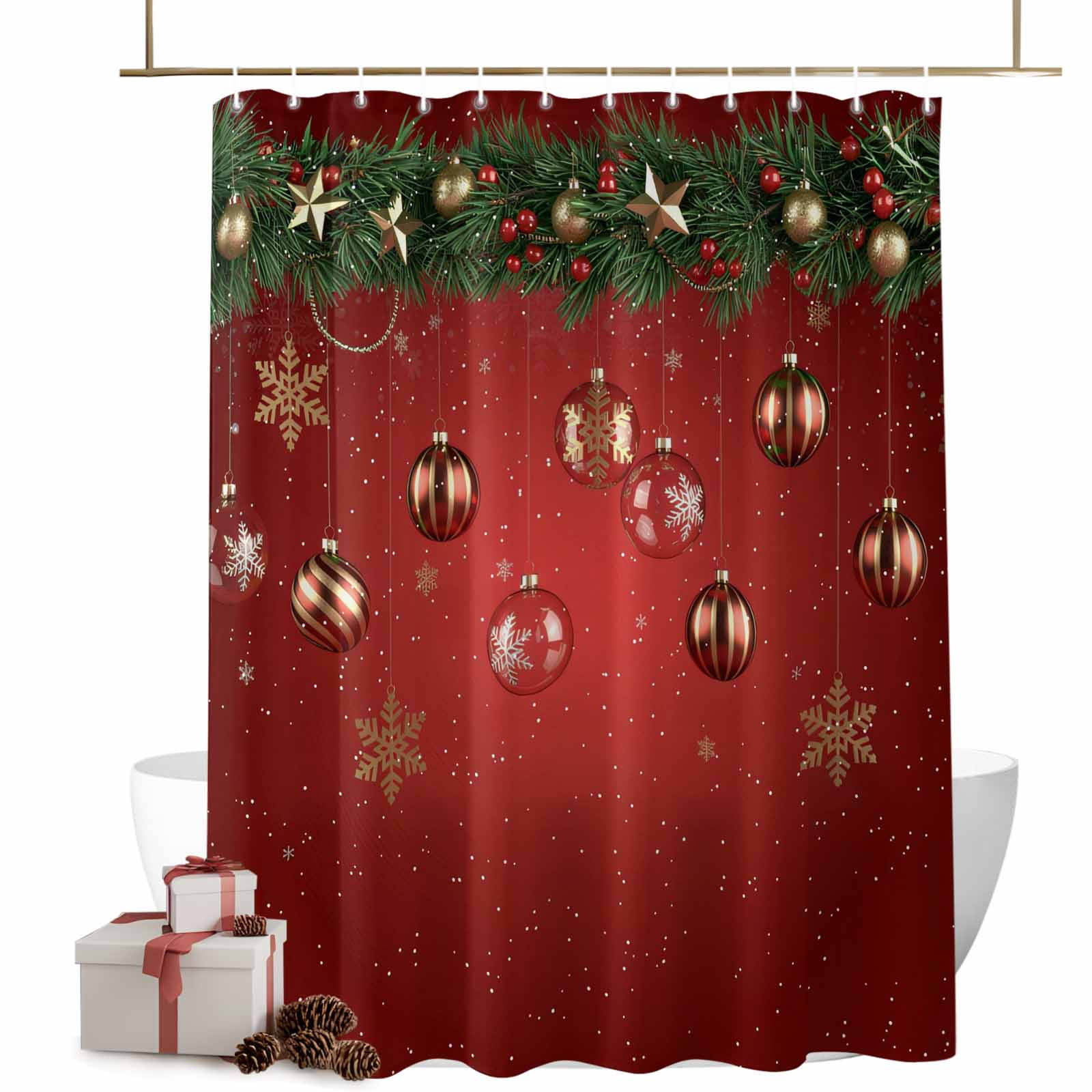 Christmas Shower Curtain Red Christmas Balls Bathroom Curtains with ...