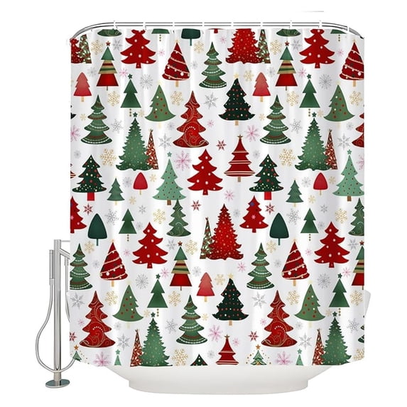 Christmas Shower Curtain Red Green Christmas Tree Snowflake Rustic Xmas ...