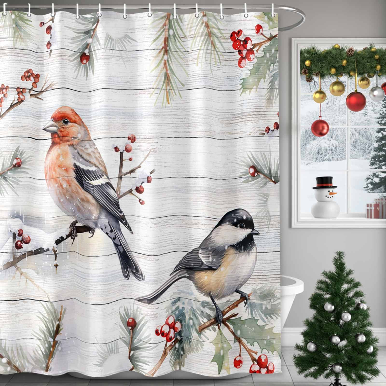 Christmas Shower Curtain Red Robin Bird Shower Curtains for Bathroom ...