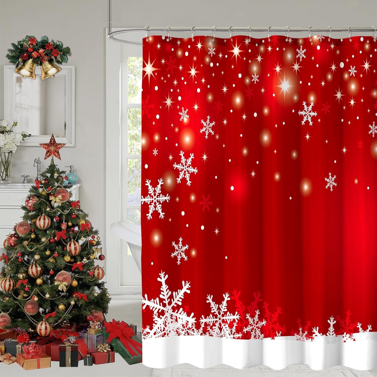 Christmas Shower Curtain, Red Christmas Snowflakes Shower Curtains for ...