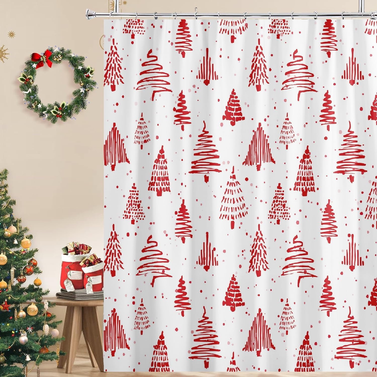Christmas Shower Curtain, Red and White Christmas Tree Shower Curtains ...