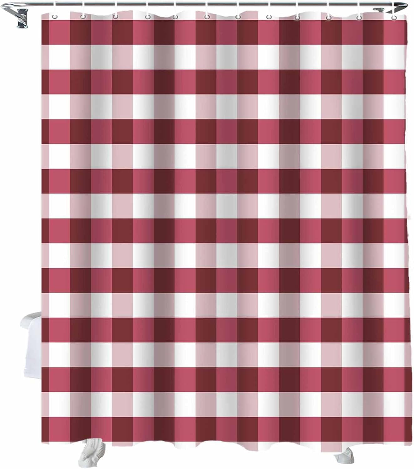 Christmas Shower Curtain, Rustic Burgundy White Buffalo Check Plaid ...