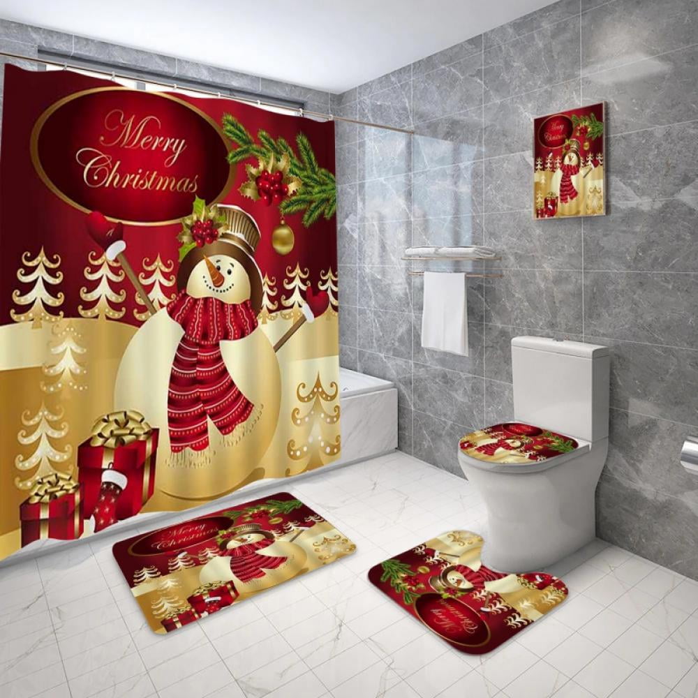 Christmas Shower Curtain Sets with Non-Slip Rugs Toilet Lid Cover and ...