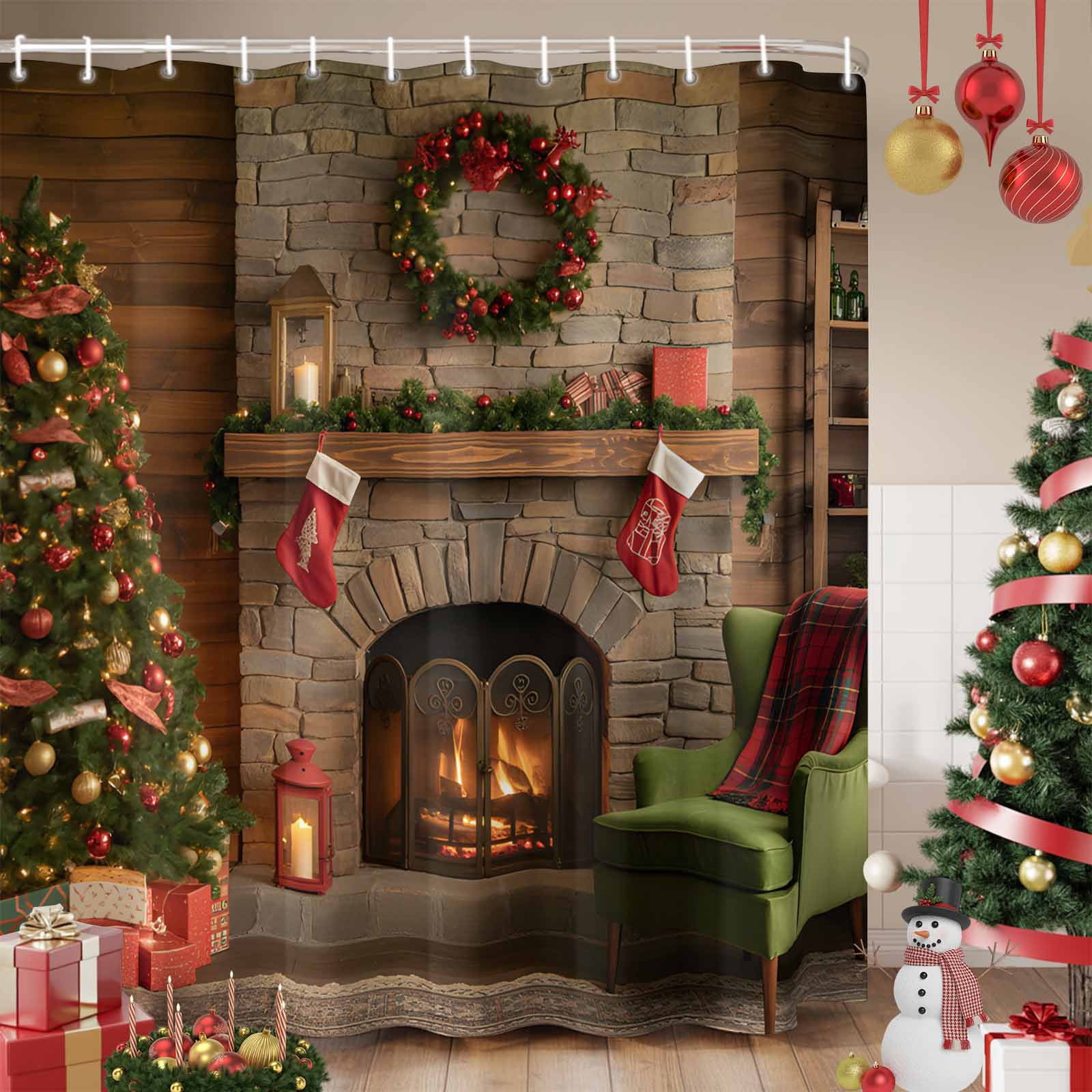 Christmas Shower Curtain, Winter Fireplace Wreath Modern Xmas Scenery ...