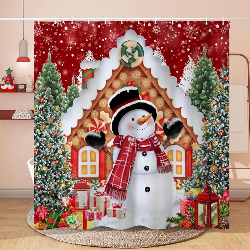 Christmas Shower Curtain Winter Red Window Scene Glitter Xmas Tree ...