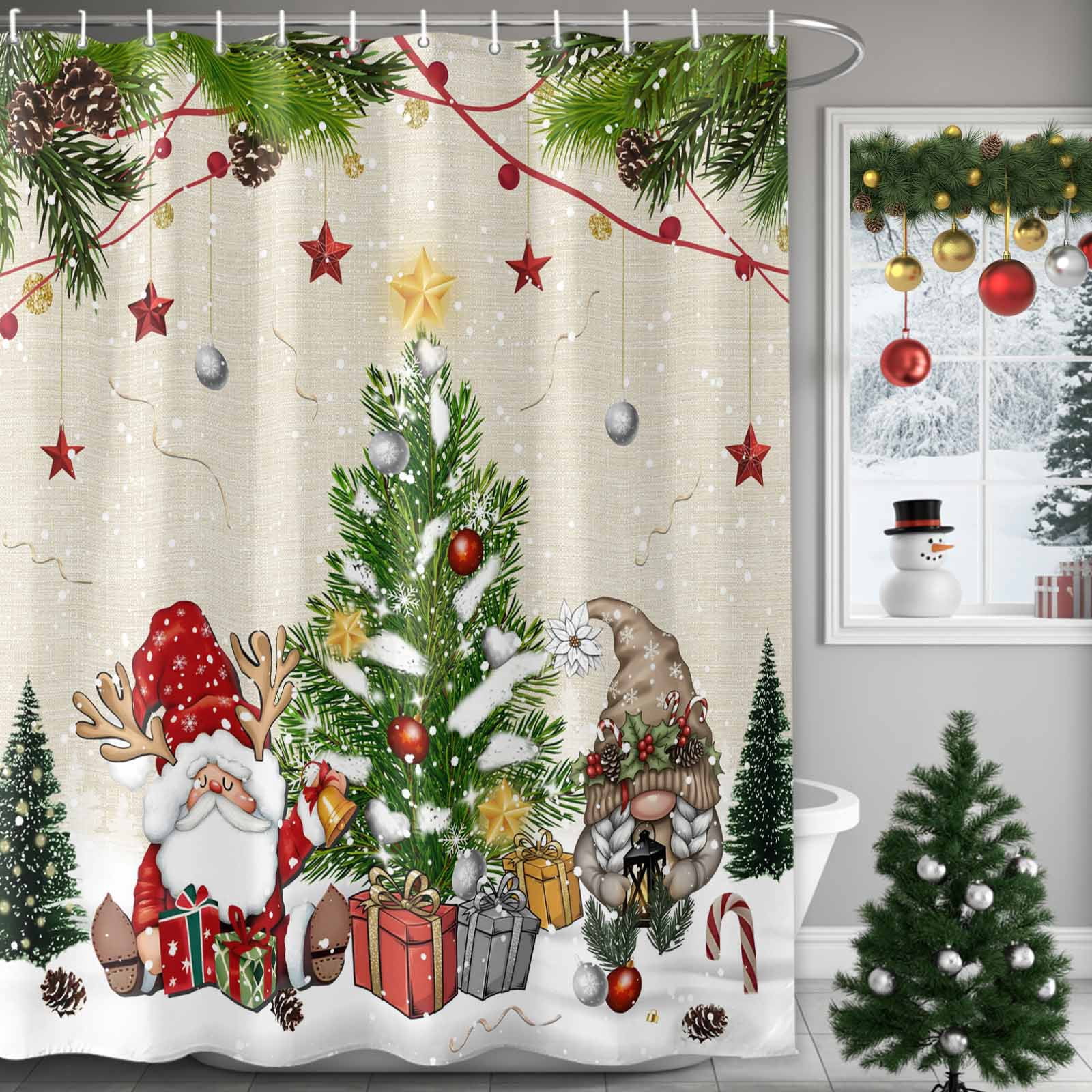Christmas Shower Curtain Winter Santa Gnome Pine Tree Xmas Star Snow ...