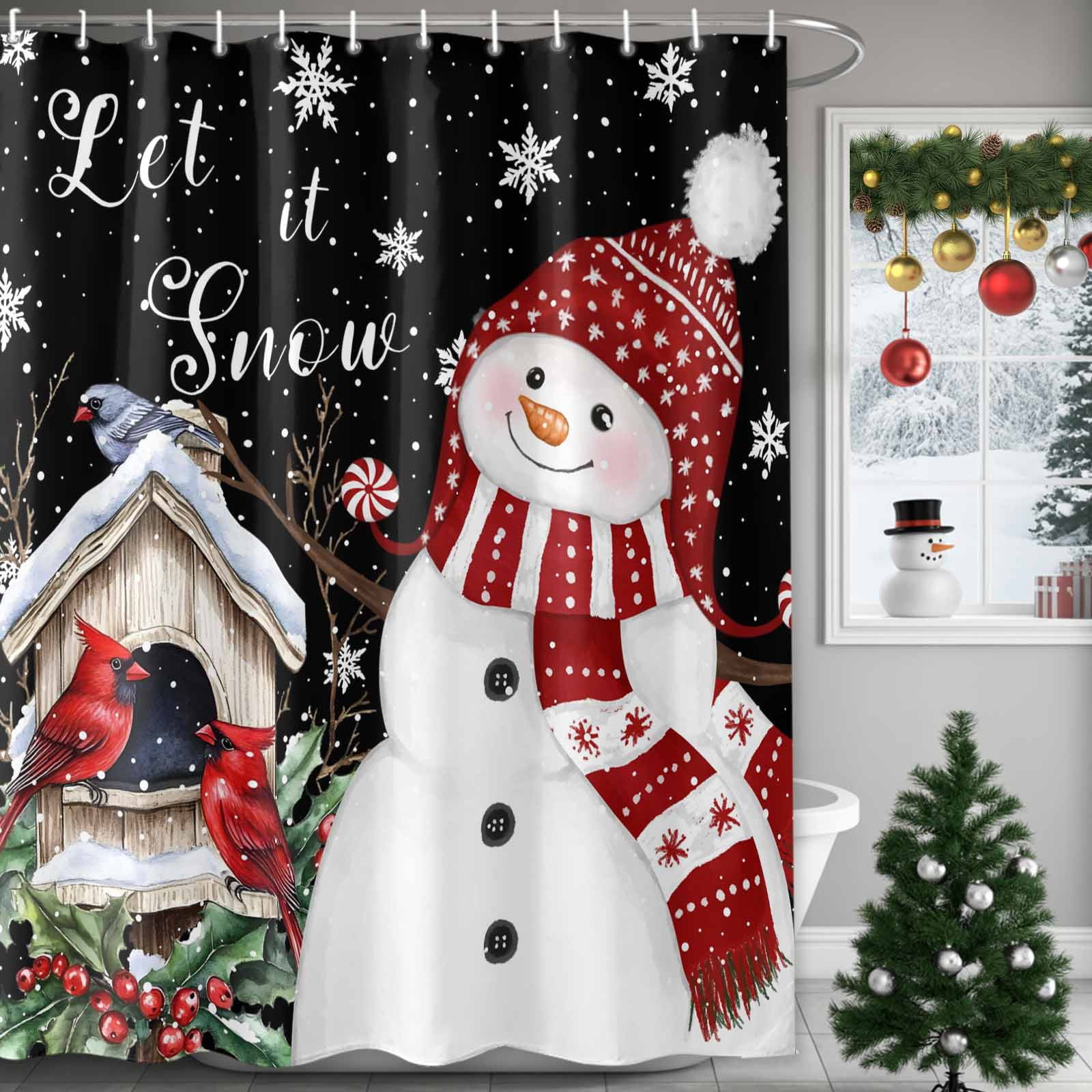 Christmas Shower Curtains for Bathroom, Red Hat Snowman Xmas Cardinal ...