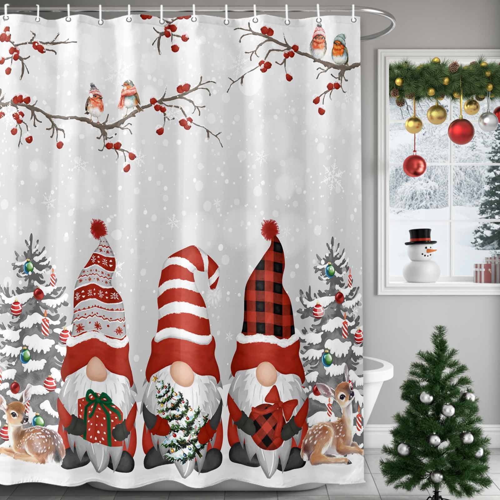 Christmas Shower Curtains for Bathroom, Red Xmas Dwarf Pine Tree ...