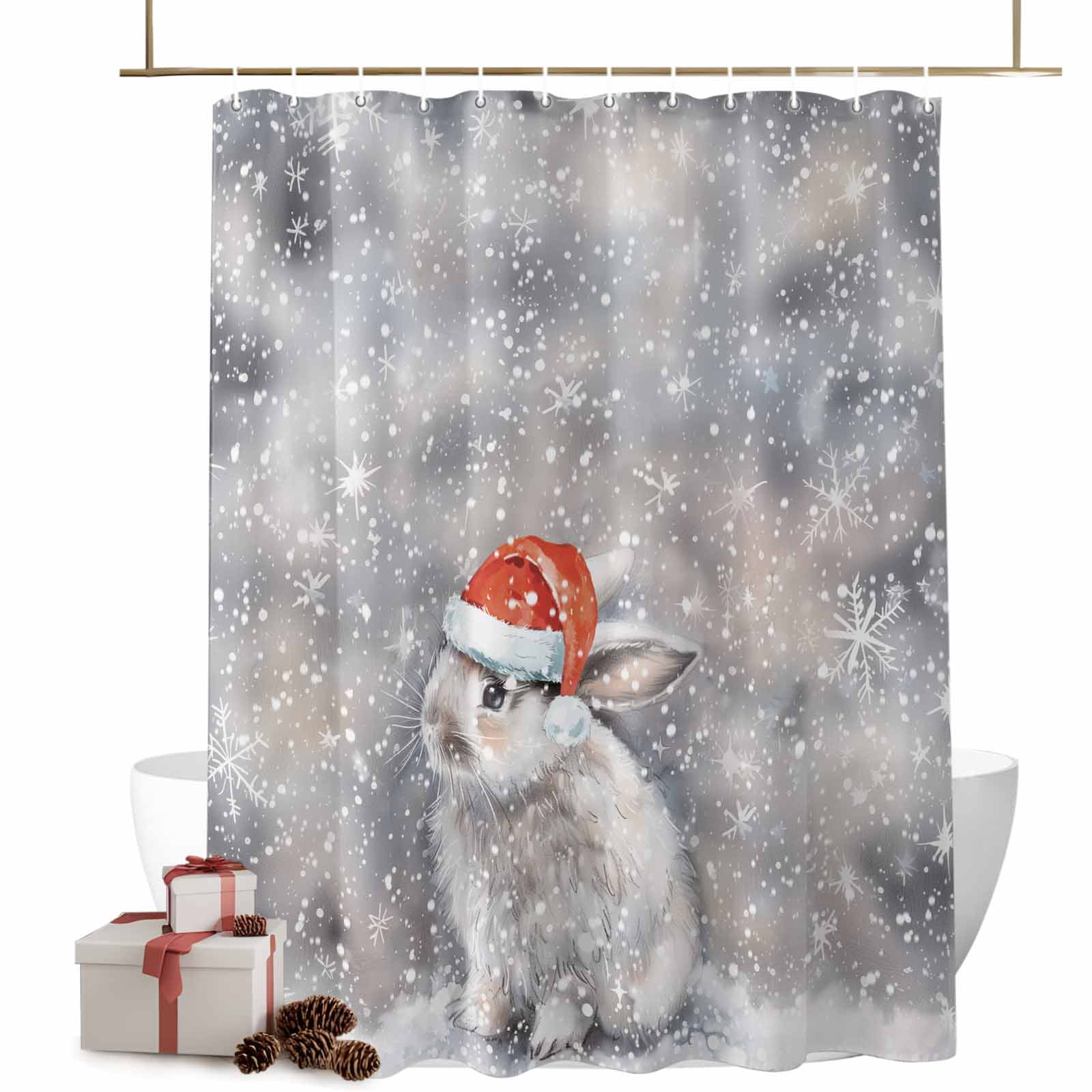 Christmas Shower Curtains Bunny Bath Curtain Santa Hat Animal Snow ...