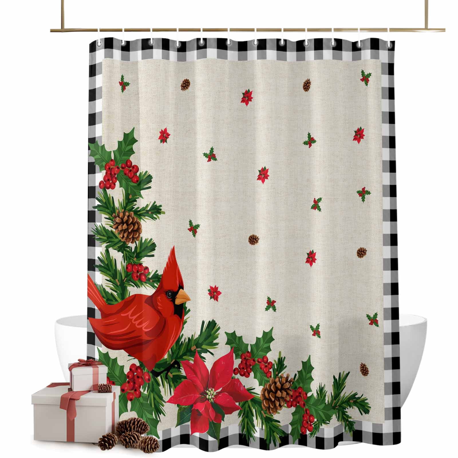 Christmas Shower Curtains Cardinal Bird Berry Bath Curtain Holly Leaf ...