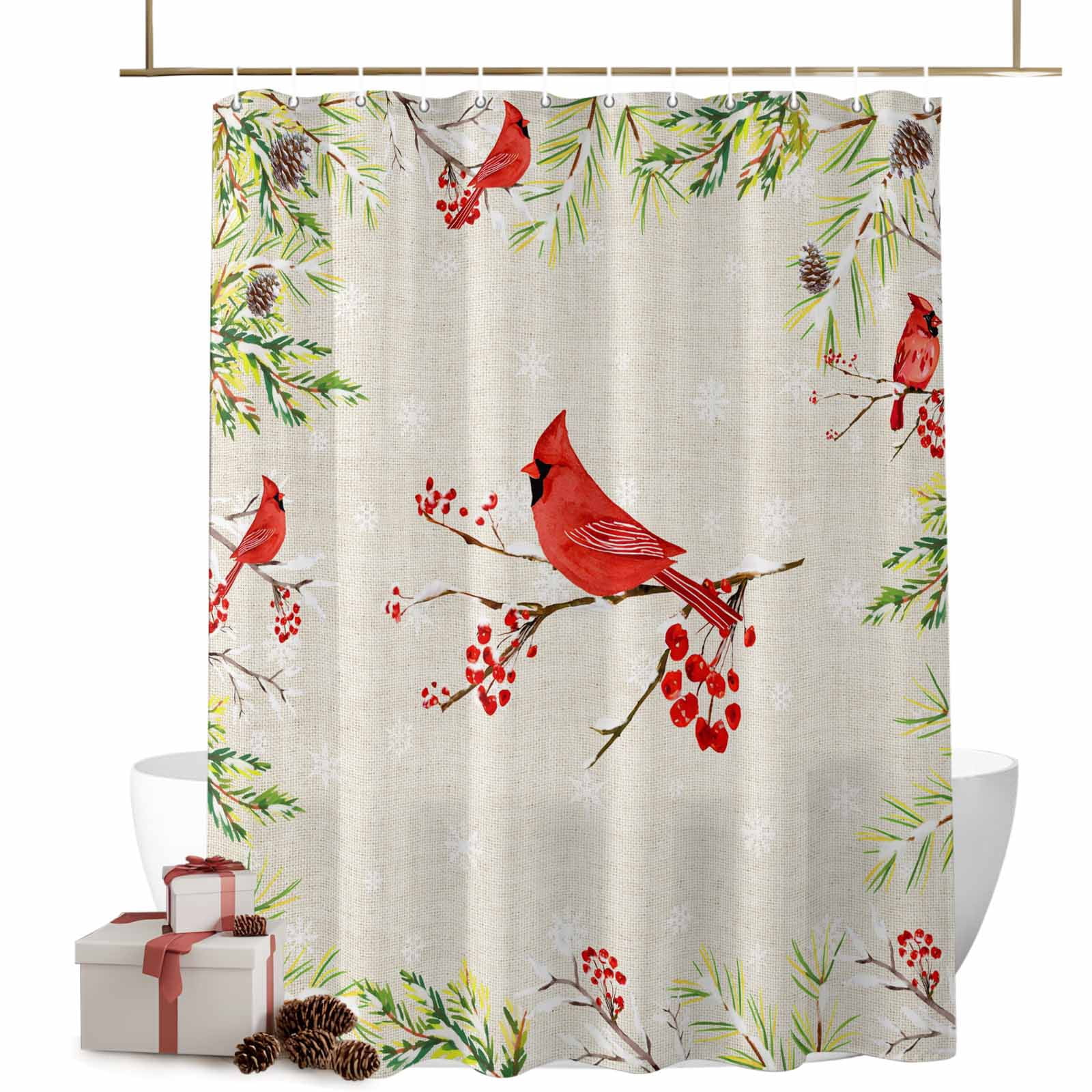 Christmas Shower Curtains Cardinal Bird Berry Bath Curtain Pine Cones ...