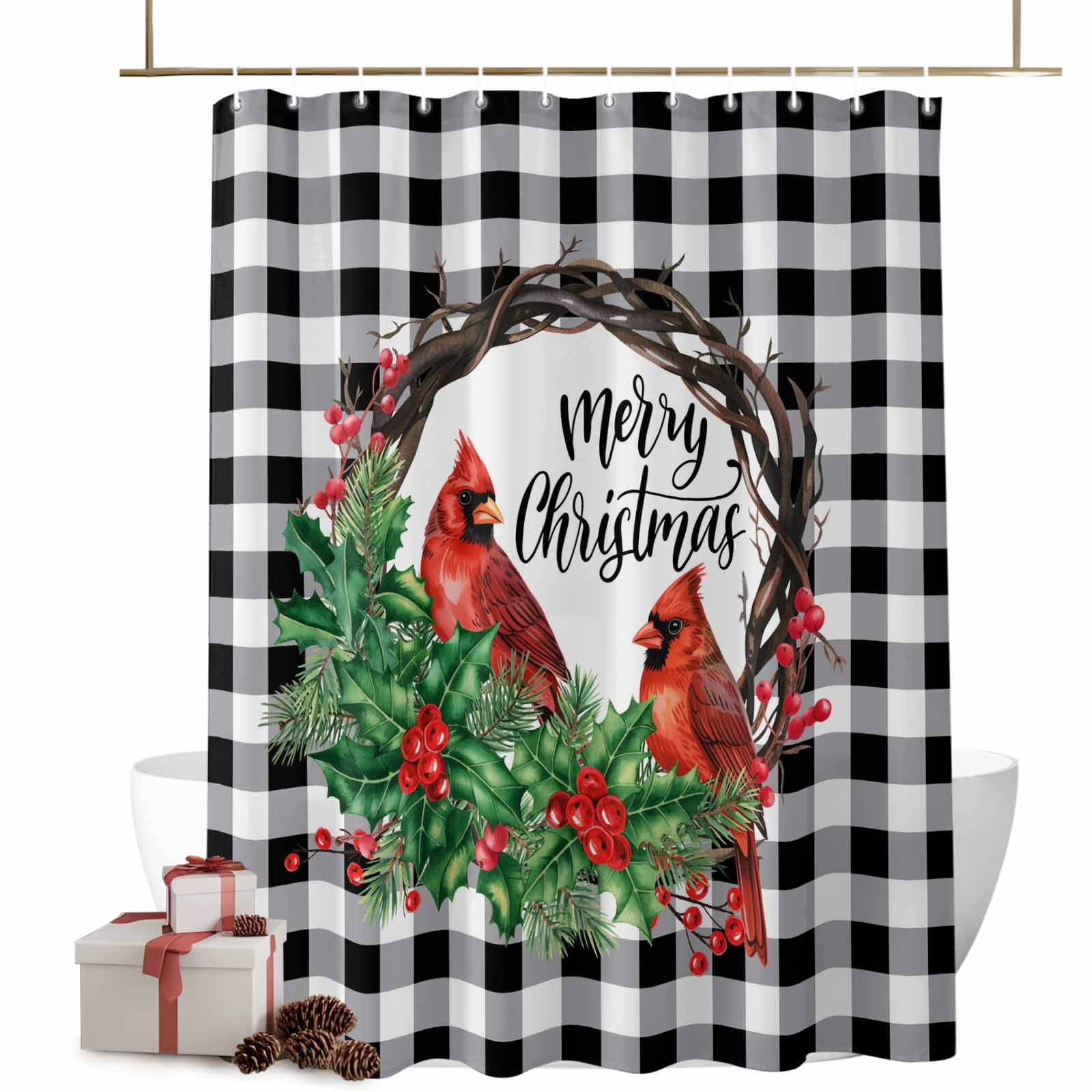 Christmas Shower Curtains Cardinal Bird Holly Wreath Bath Curtain ...