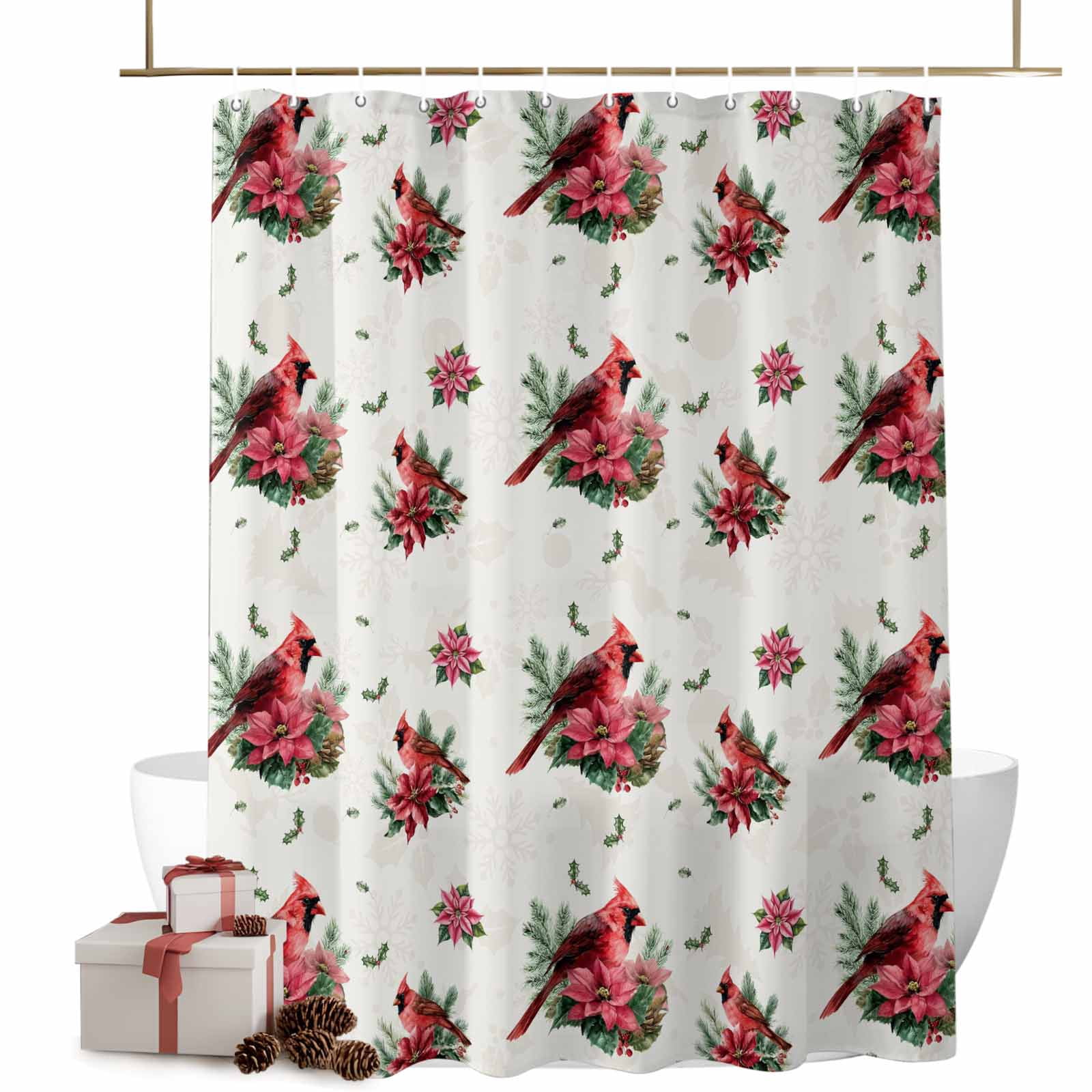 Christmas Shower Curtains Cardinal Bird Poinsettia Bath Curtain Holly ...