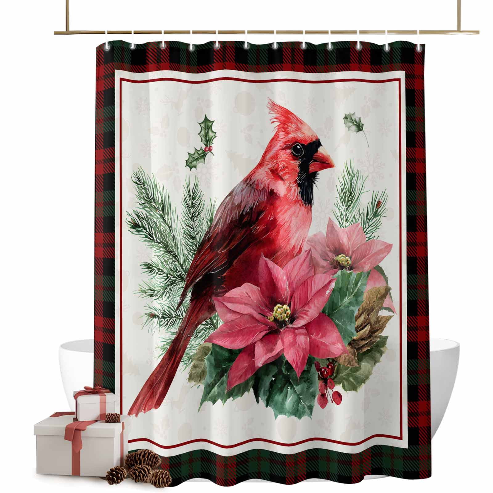 Christmas Shower Curtains Cardinal Bird Poinsettia Bath Curtain Pine ...
