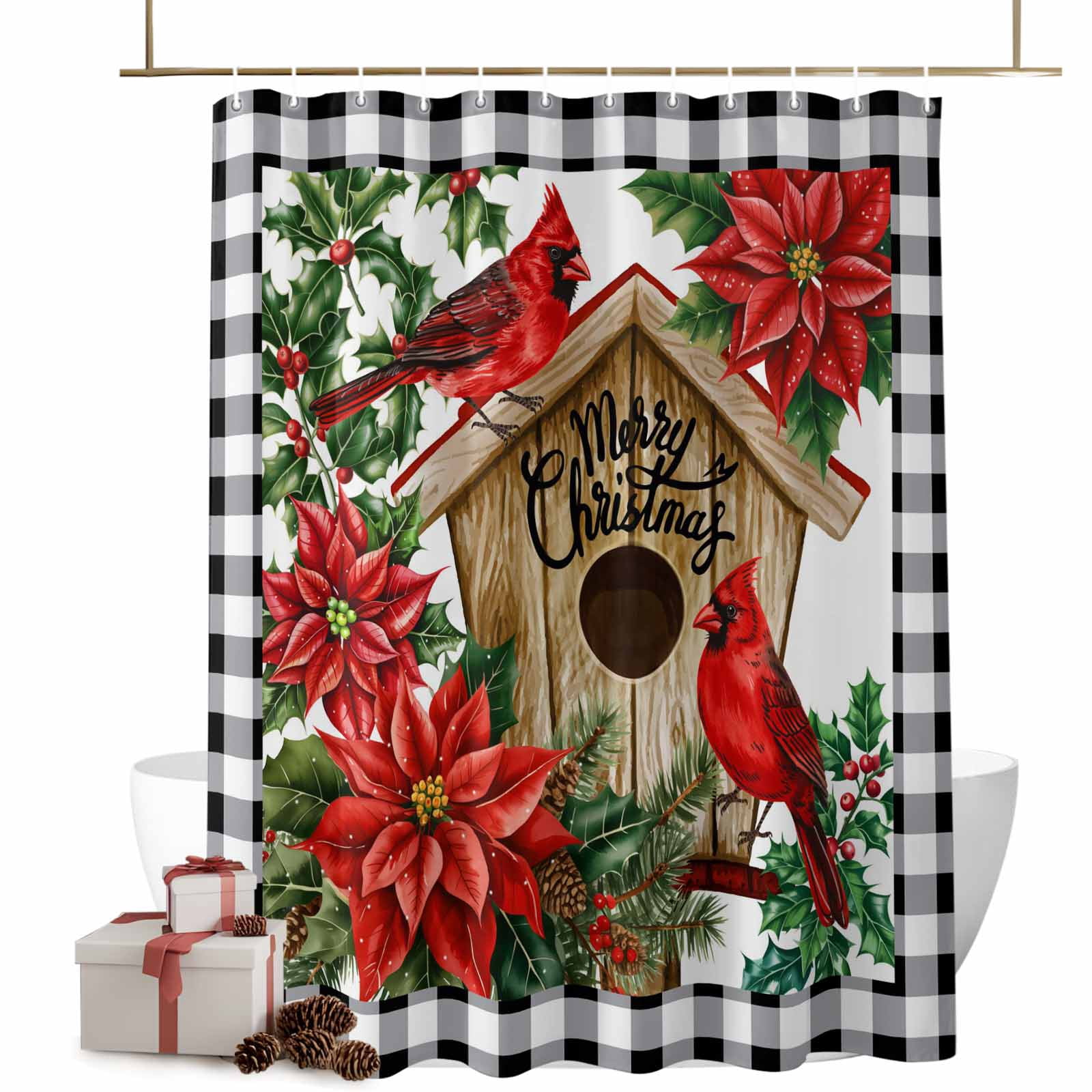 Christmas Shower Curtains Cardinal Bird Poinsettia Floral Bath Curtain ...