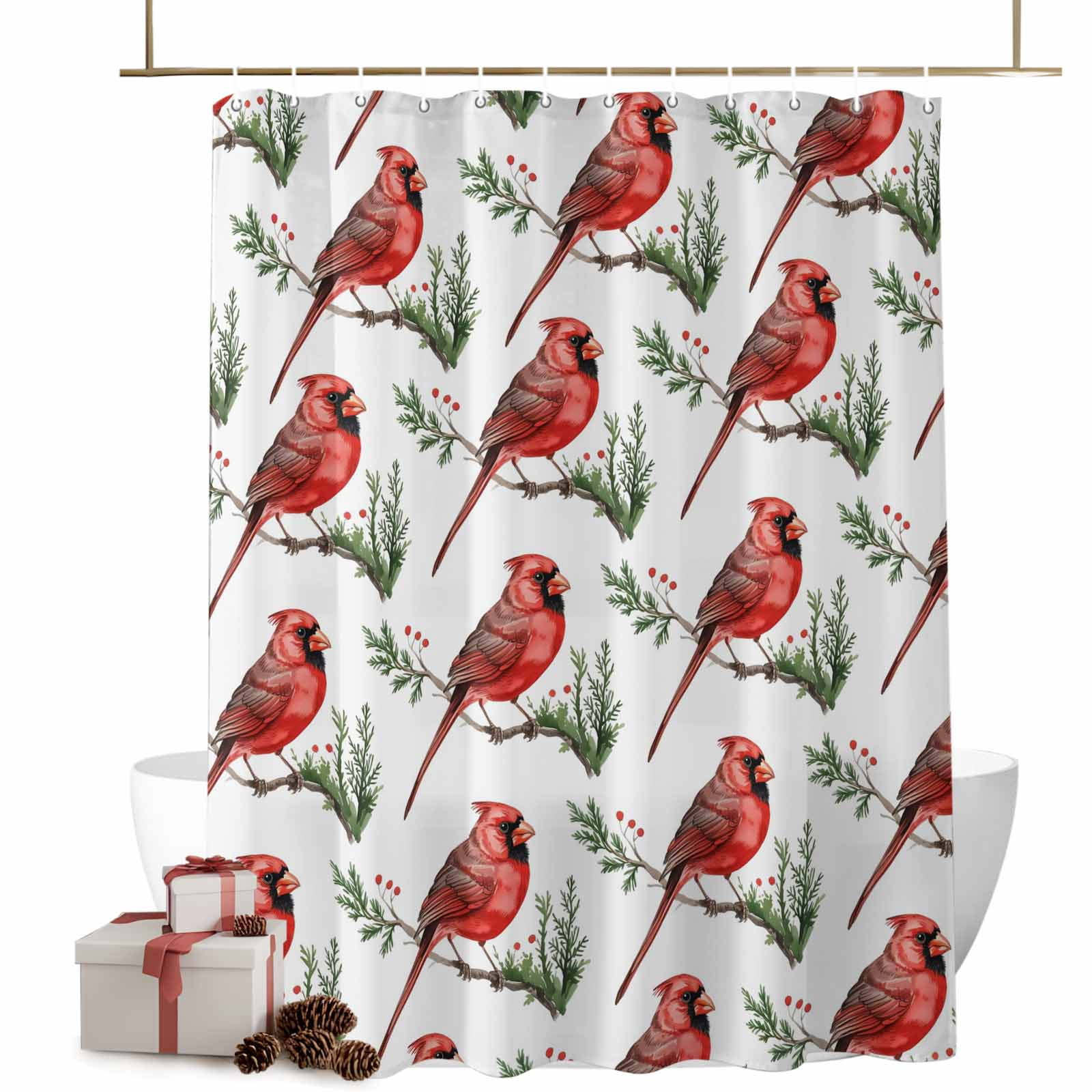 Christmas Shower Curtains Cardinal Birds Bath Curtain Pine Needles ...
