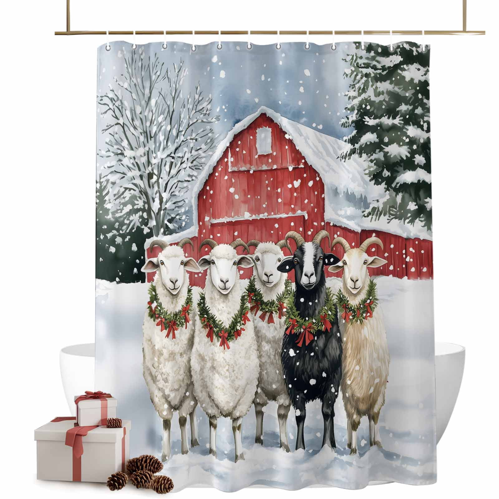 Christmas Shower Curtains Cute Sheep Bath Curtain Barn Door Snow Forest ...