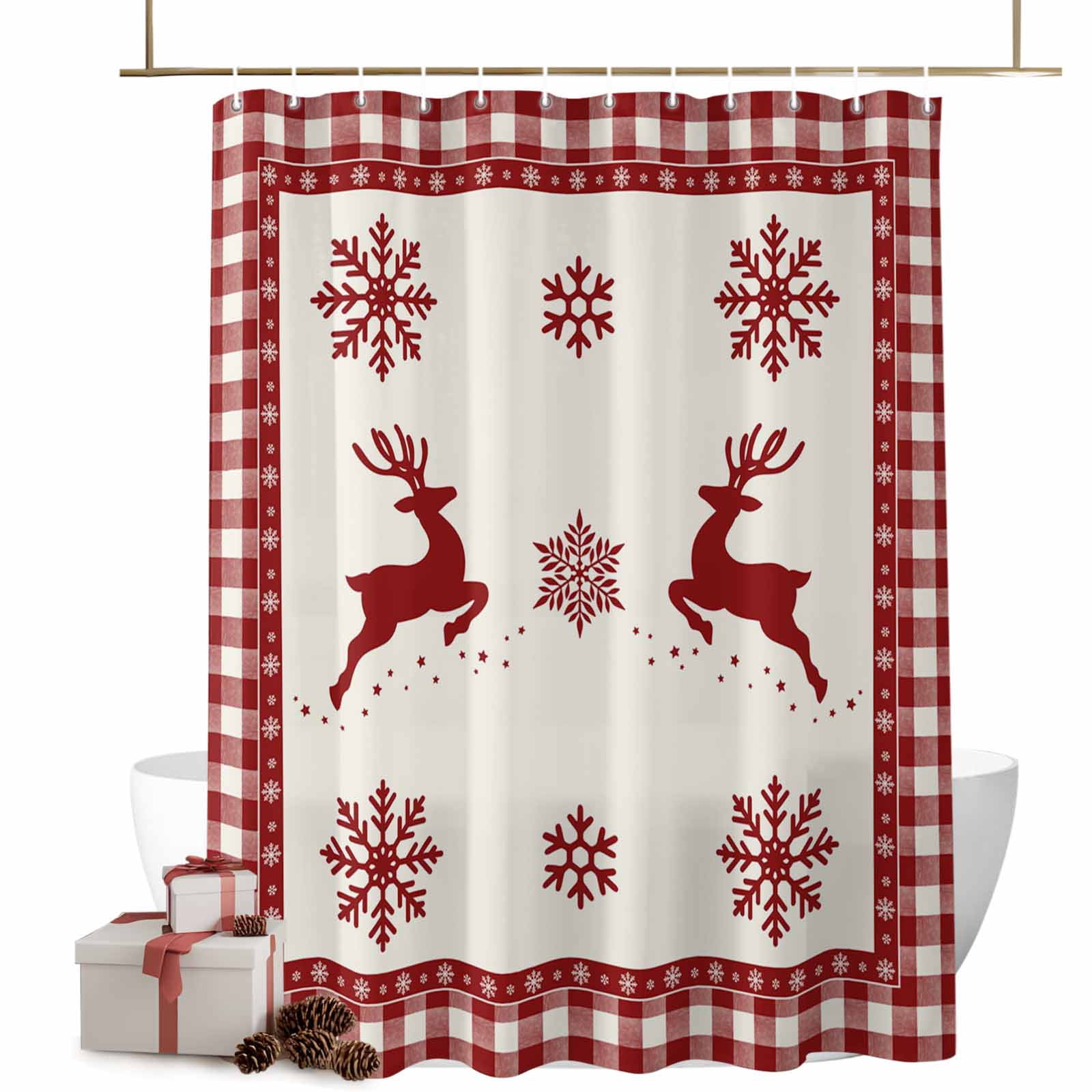 Christmas Shower Curtains Elk Bath Curtain Snowflake Red Buffalo Plaid ...