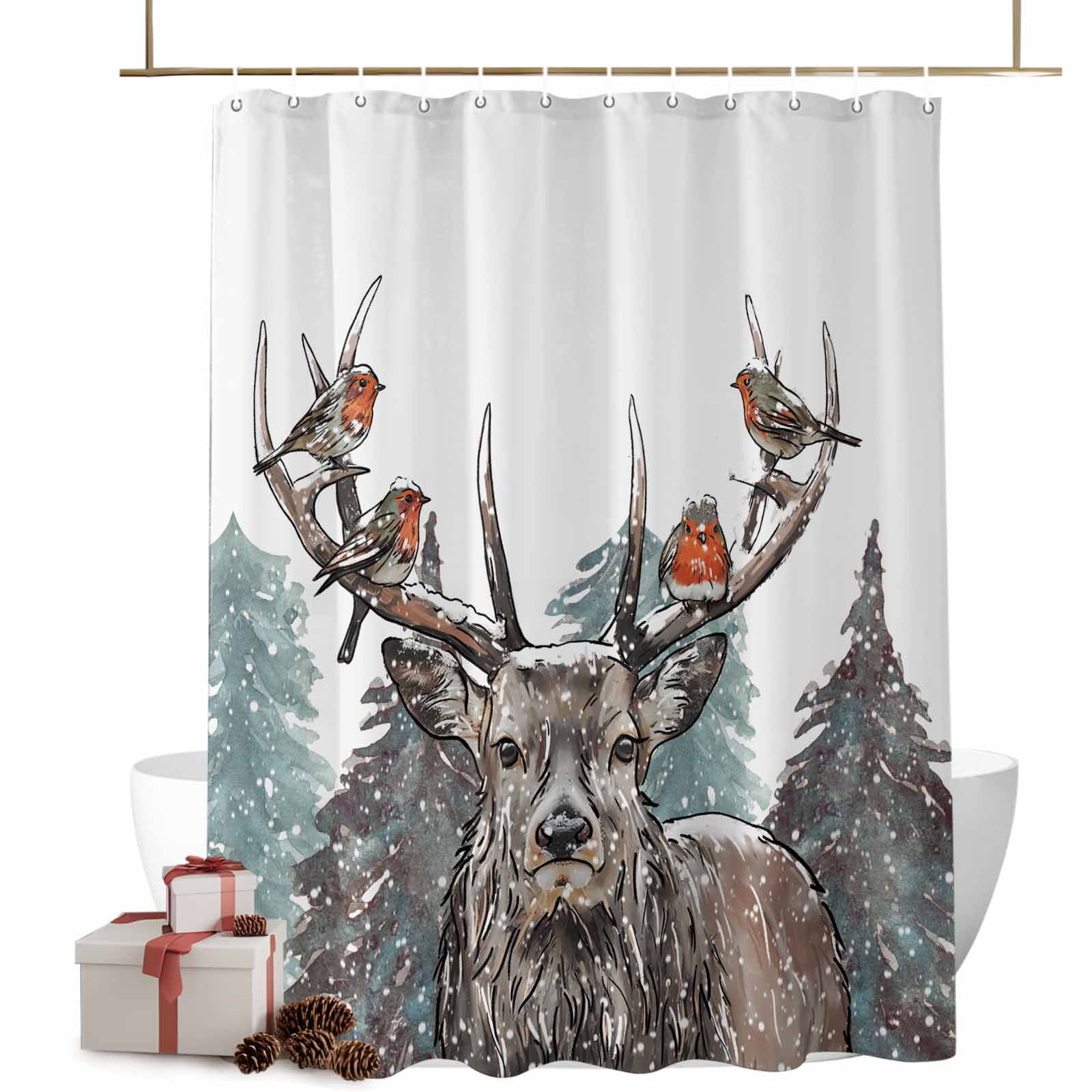 Christmas Shower Curtains Elk Cardinal Bird Bath Curtain Forest Animal Waterproof Seasonal ...