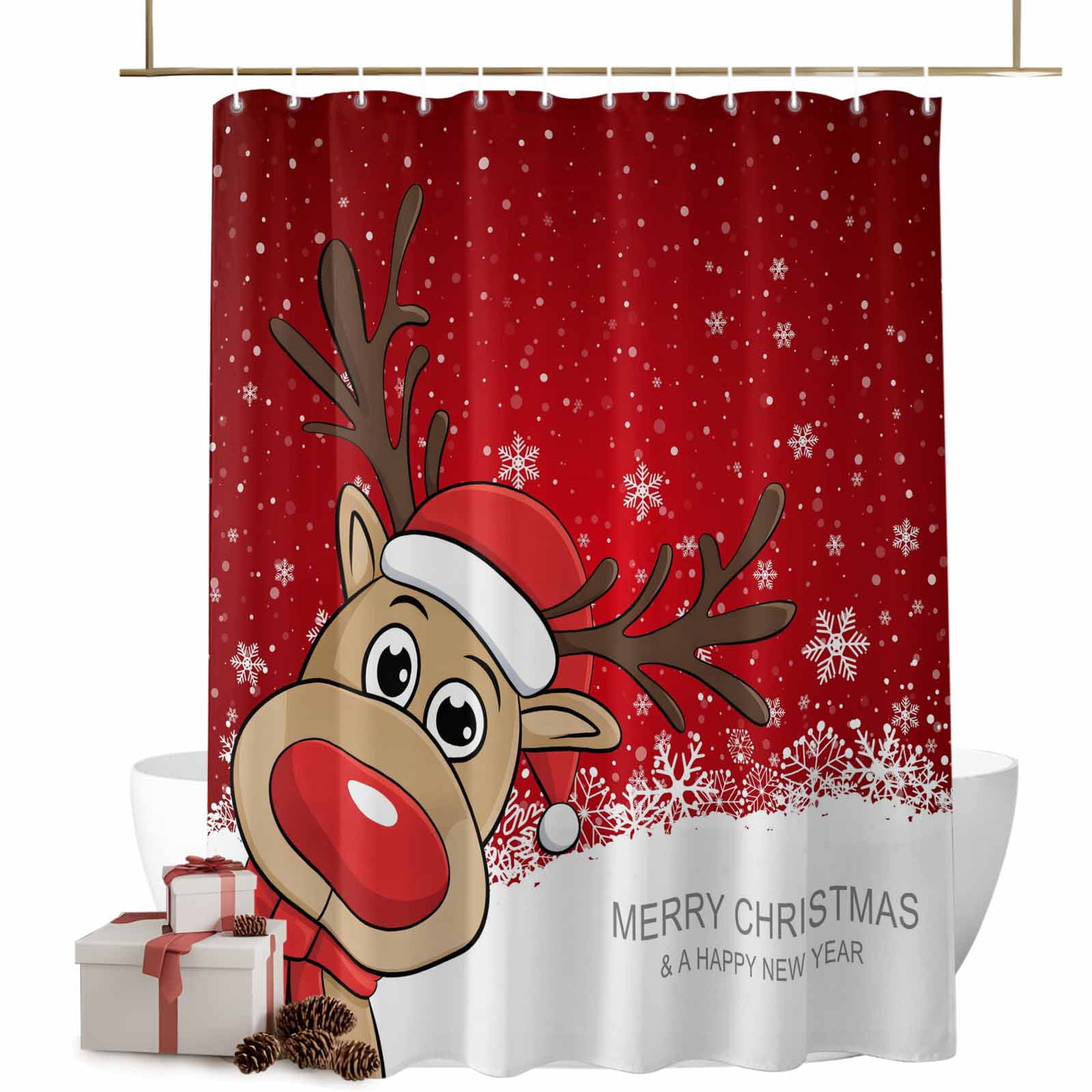Christmas Shower Curtains Elk Snowflake Bath Curtain Snow Red ...