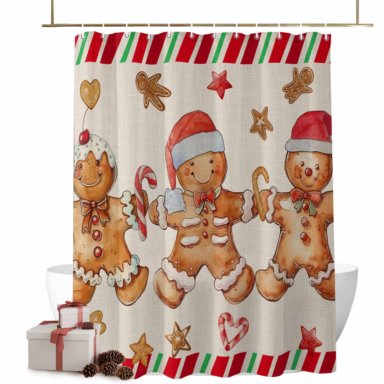 Christmas Shower Curtains Gingerbread Man Bath Curtain Candy Red ...