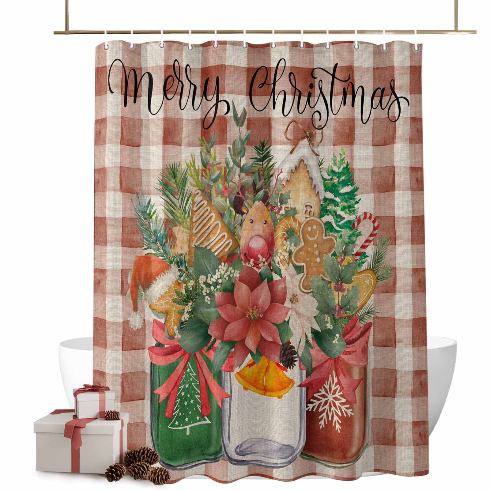 Christmas Shower Curtains Gingerbread Man Bath Curtain Holly Bell Red ...