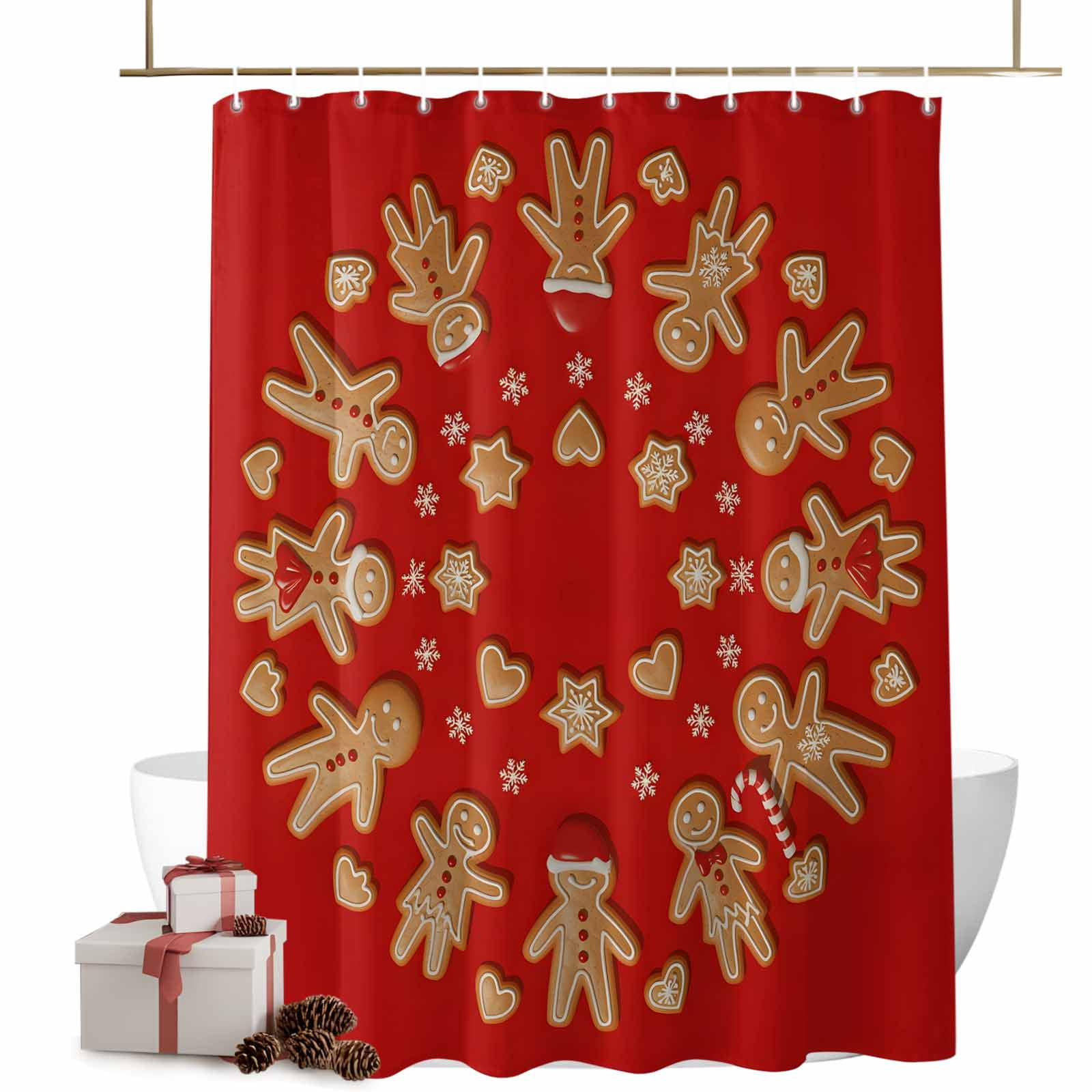 Christmas Shower Curtains Gingerbread Man Bath Curtain Snowflakes Red ...
