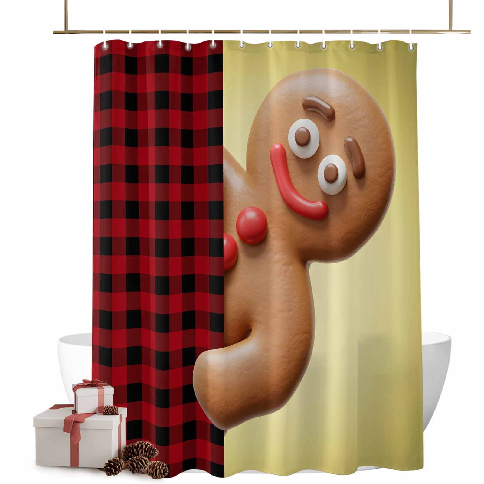 Christmas Shower Curtains Gingerbread Man Buffalo Plaid Bath Curtain ...