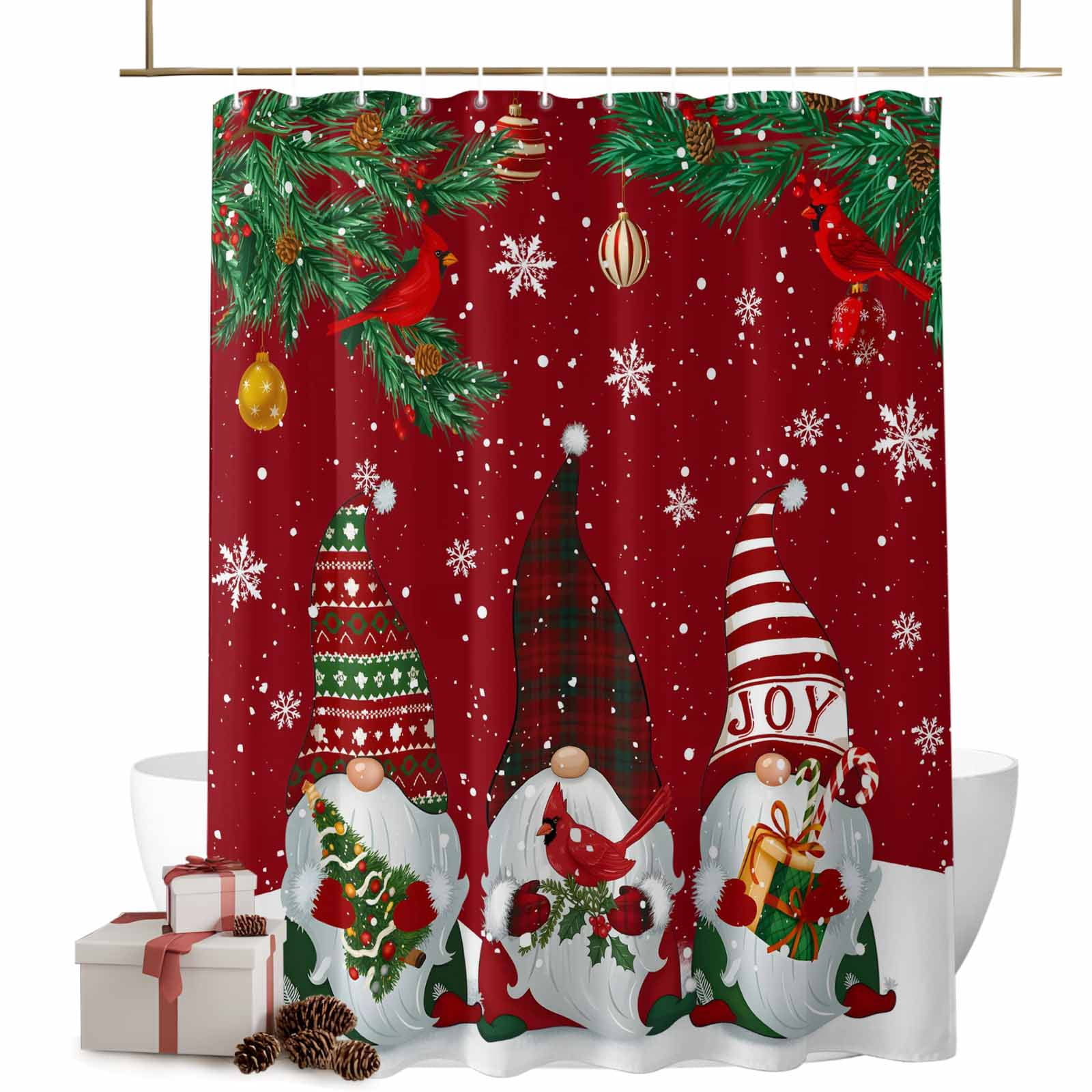 Christmas Shower Curtains Gnomes Snowflake Cardinal Bird Bath Curtain ...