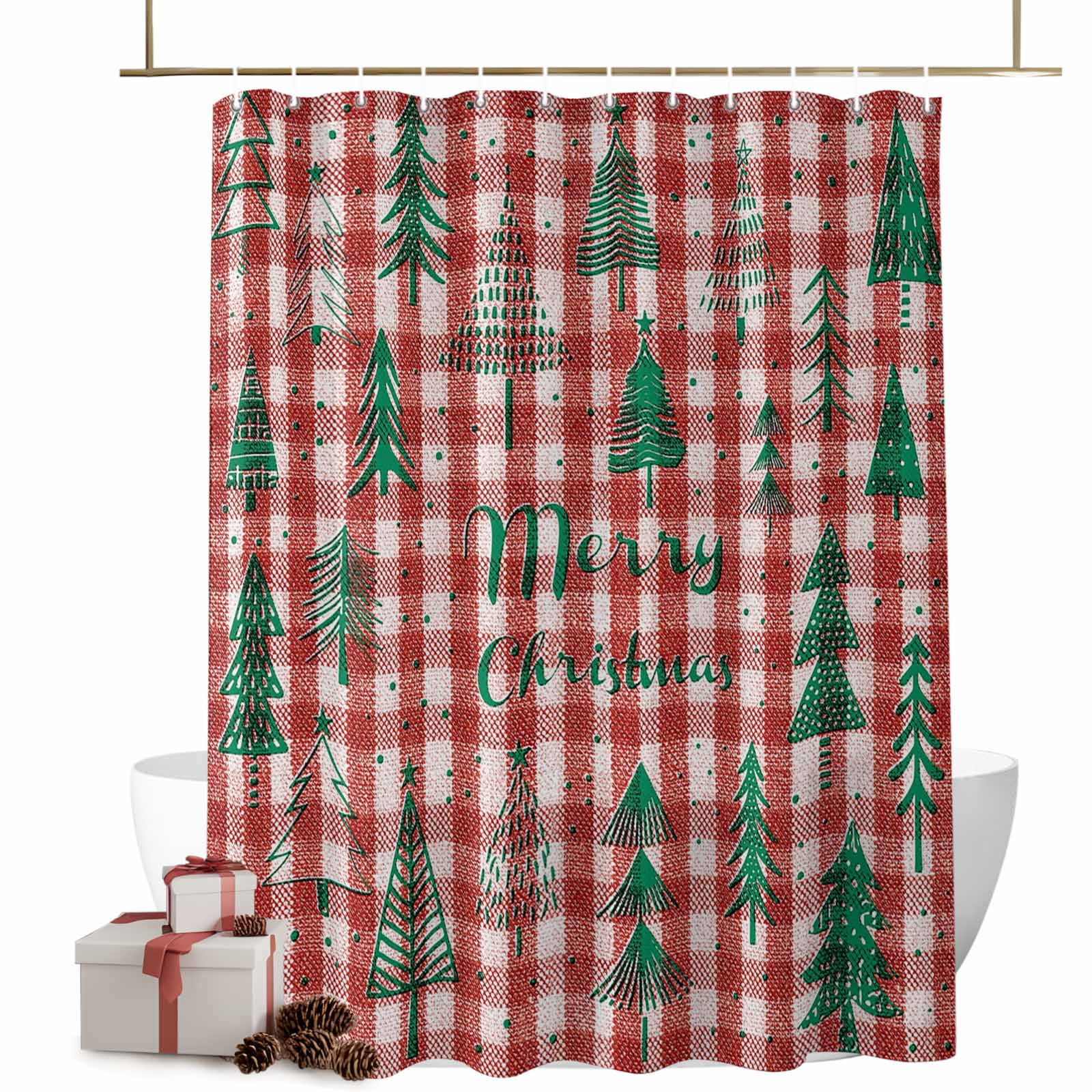 Christmas Shower Curtains Green Xmas Tree Bath Curtain Red Buffalo ...