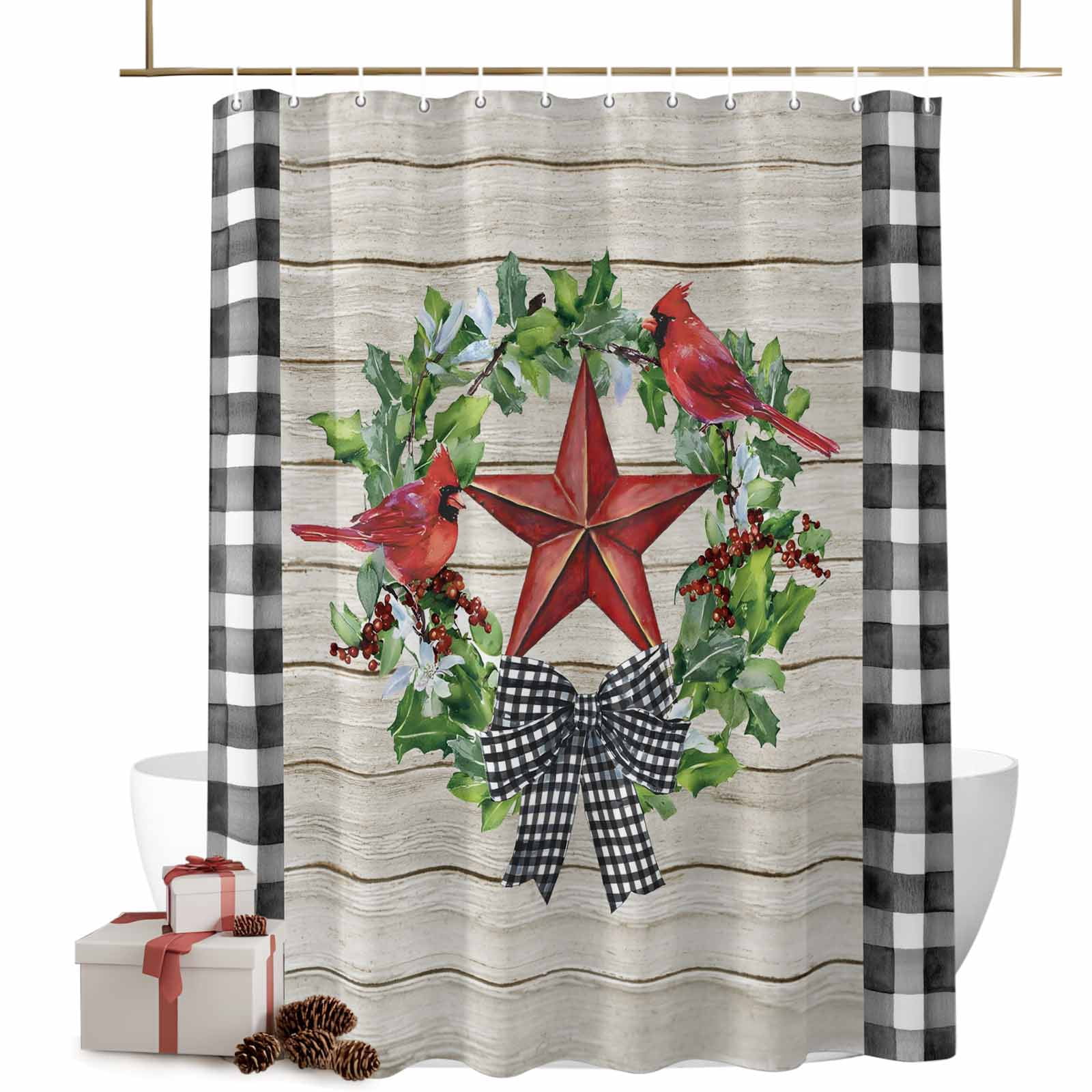Christmas Shower Curtains Holly Leaves Cardinal Bird Wood Plank Bath ...