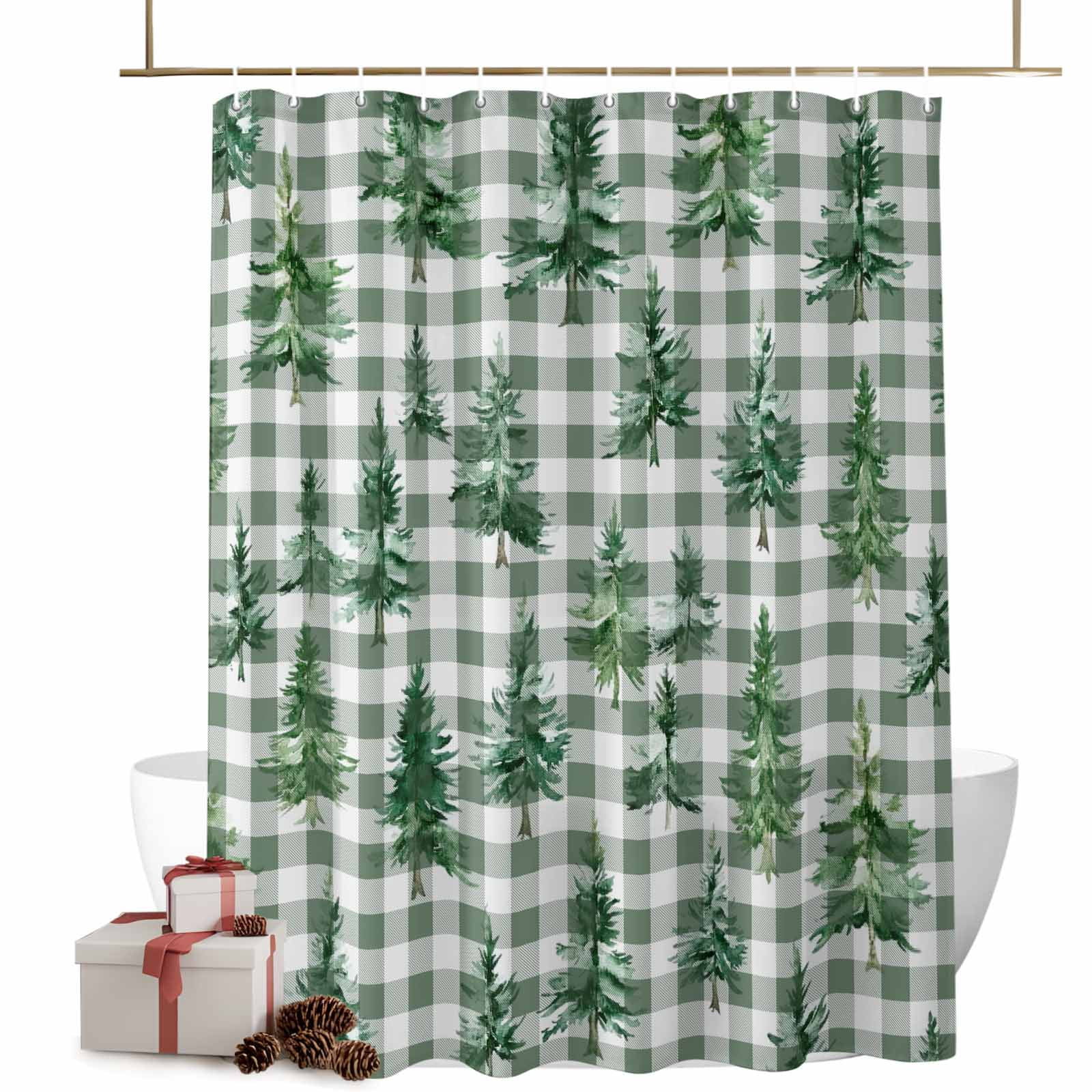 Christmas Shower Curtains Pine Tree Forest Bath Curtain Buffalo Plaid ...