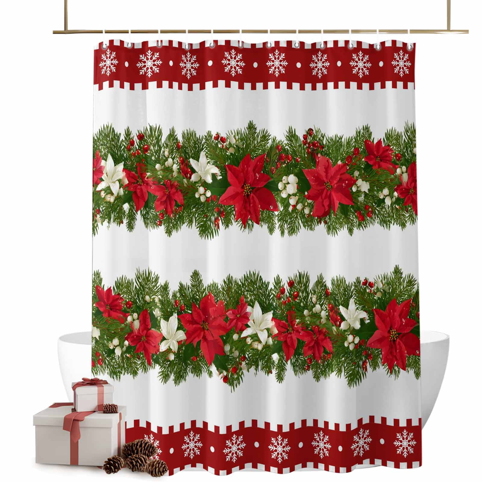 Christmas Shower Curtains Poinsettia Berry Holly Leaves Bath Curtain ...