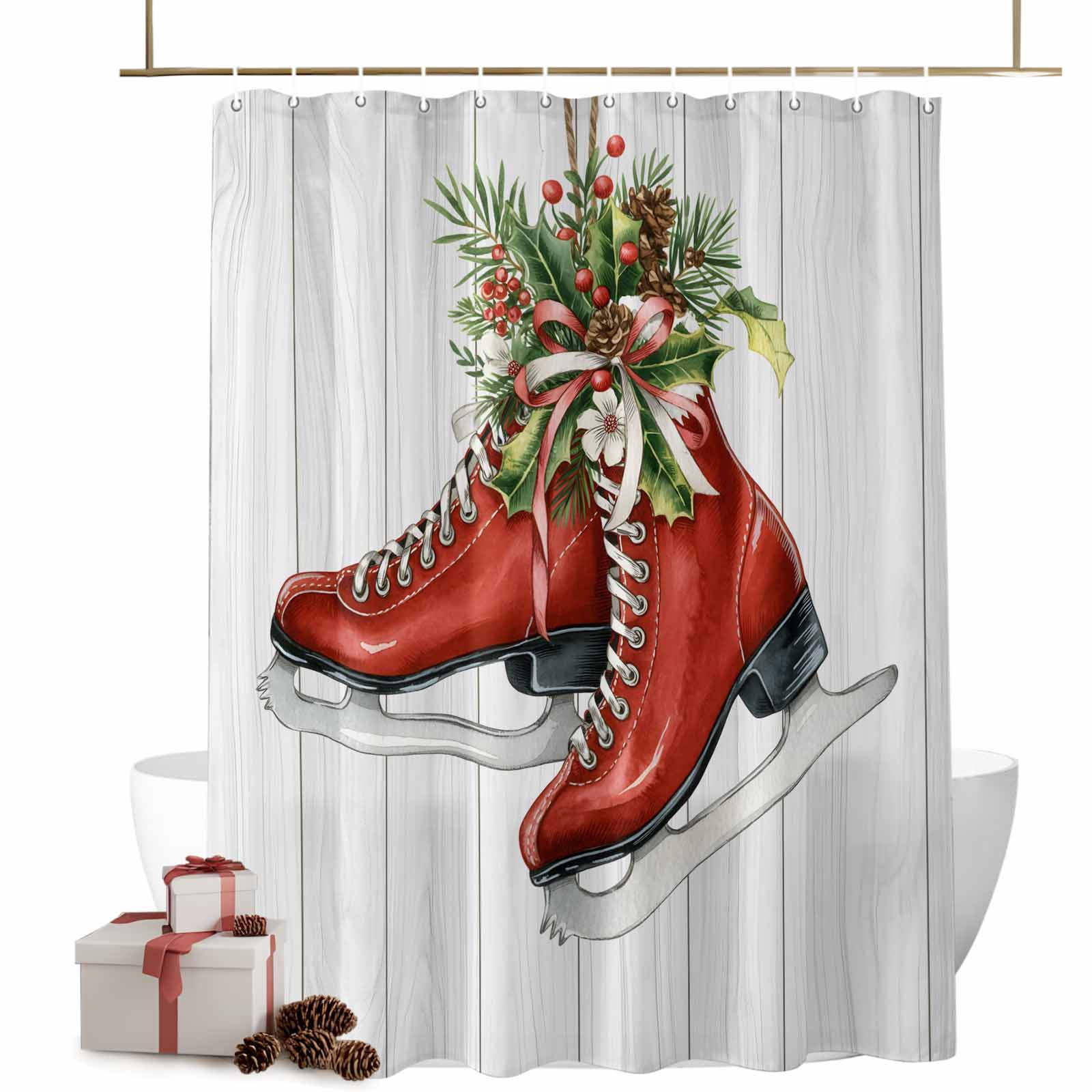 Christmas Shower Curtains Red Ice Skate Bath Curtain Pine Cones Leaves ...
