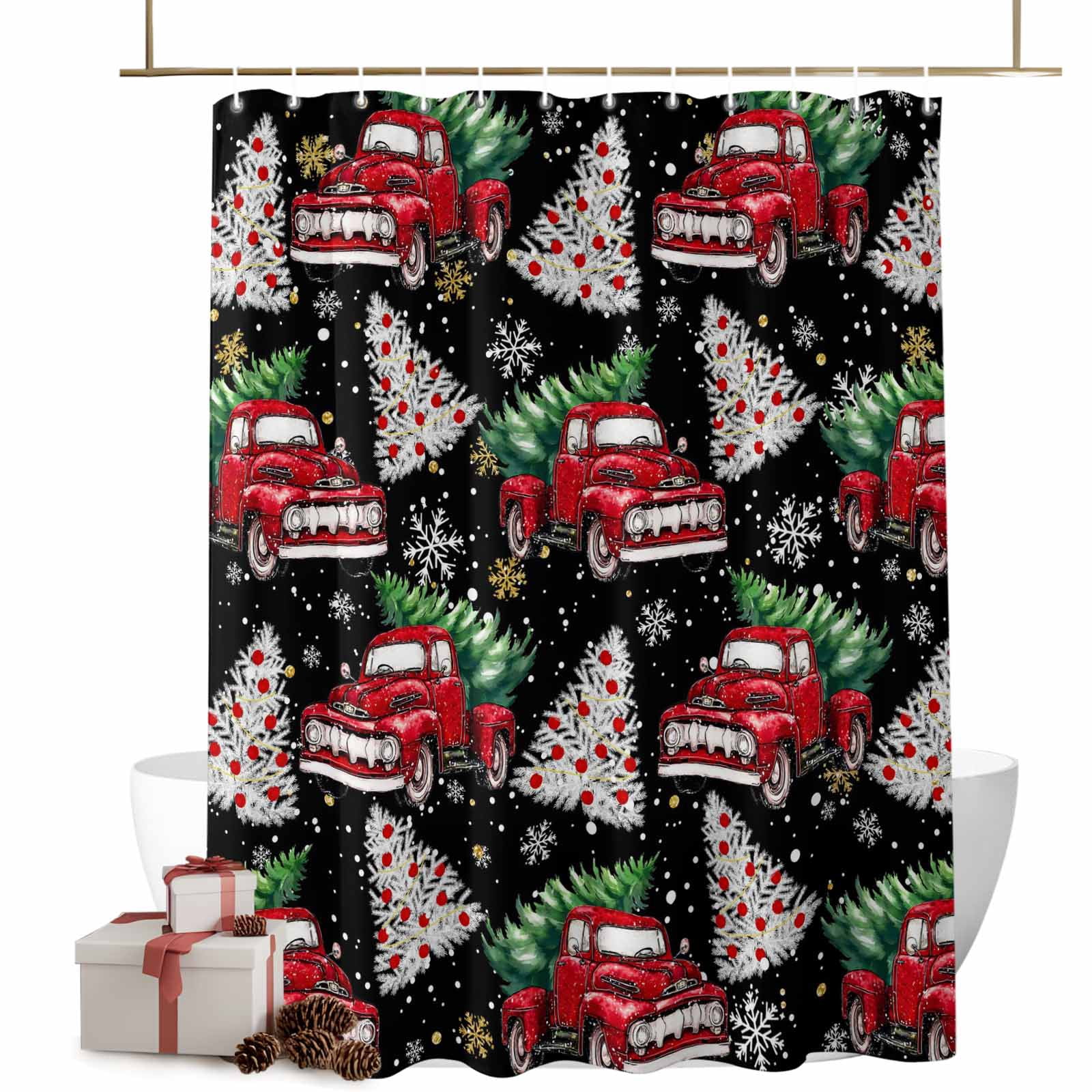 Christmas Shower Curtains Red Truck Xmas Trees Bath Curtain Snowflake ...