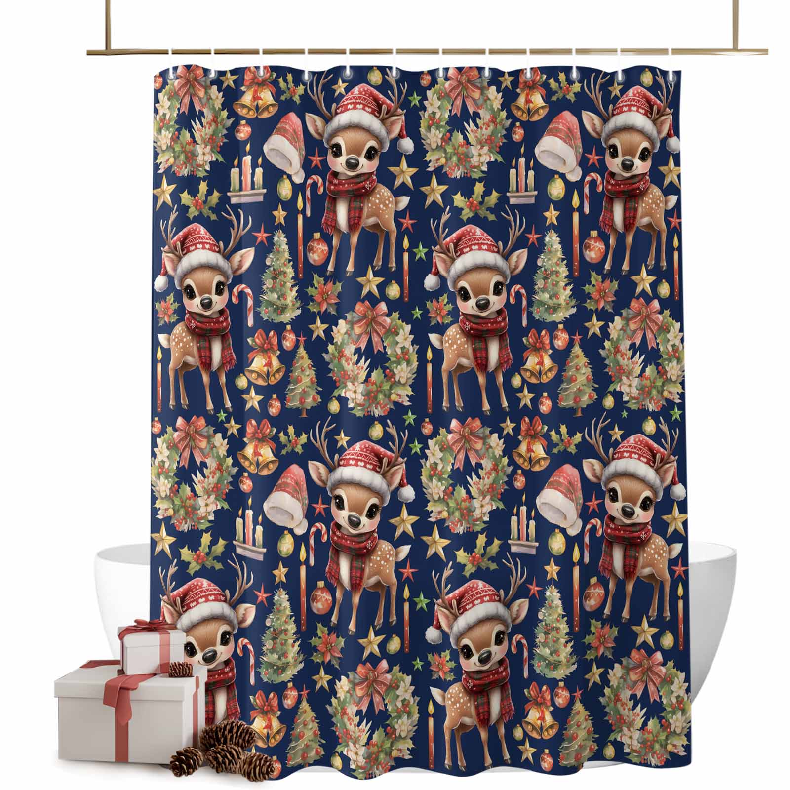 Christmas Shower Curtains Reindeer Xmas Tree Bath Curtain Holly Leaves ...